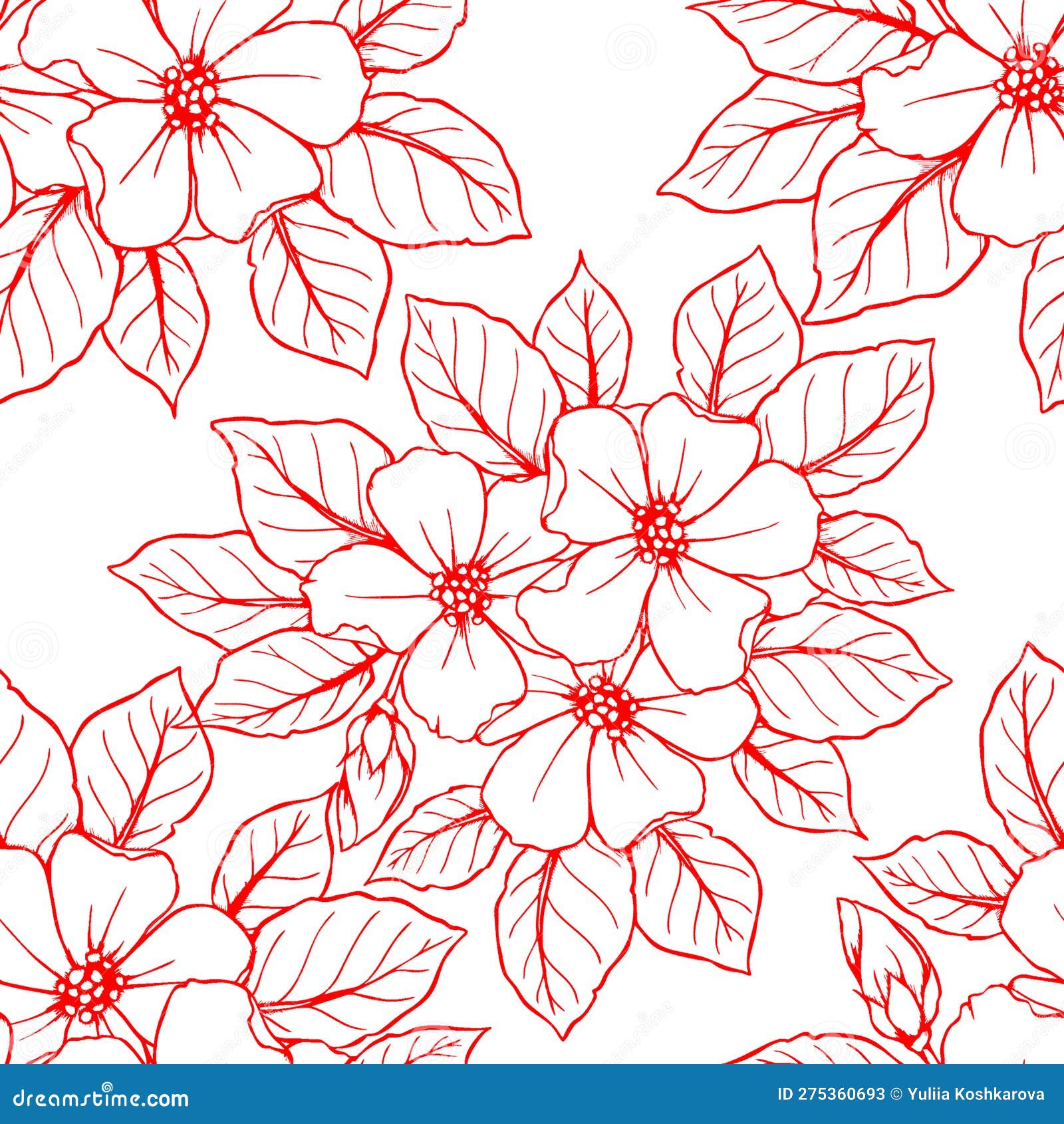 Seamless Contour Pattern of Large Red Flowers on a White Background ...