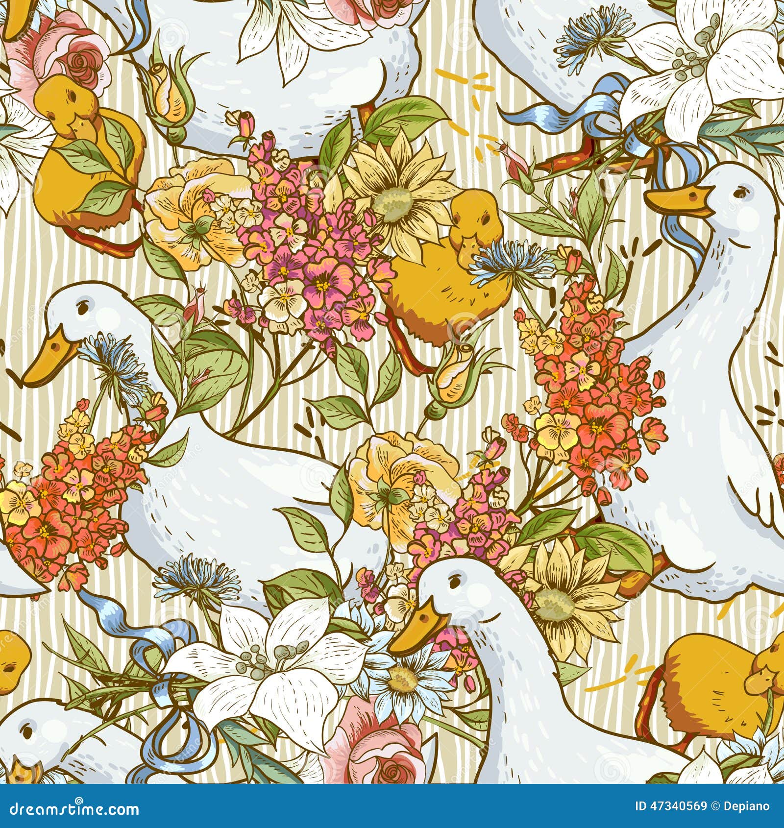 Seamless Cute Background with Ducks and Flowers Stock Vector ...