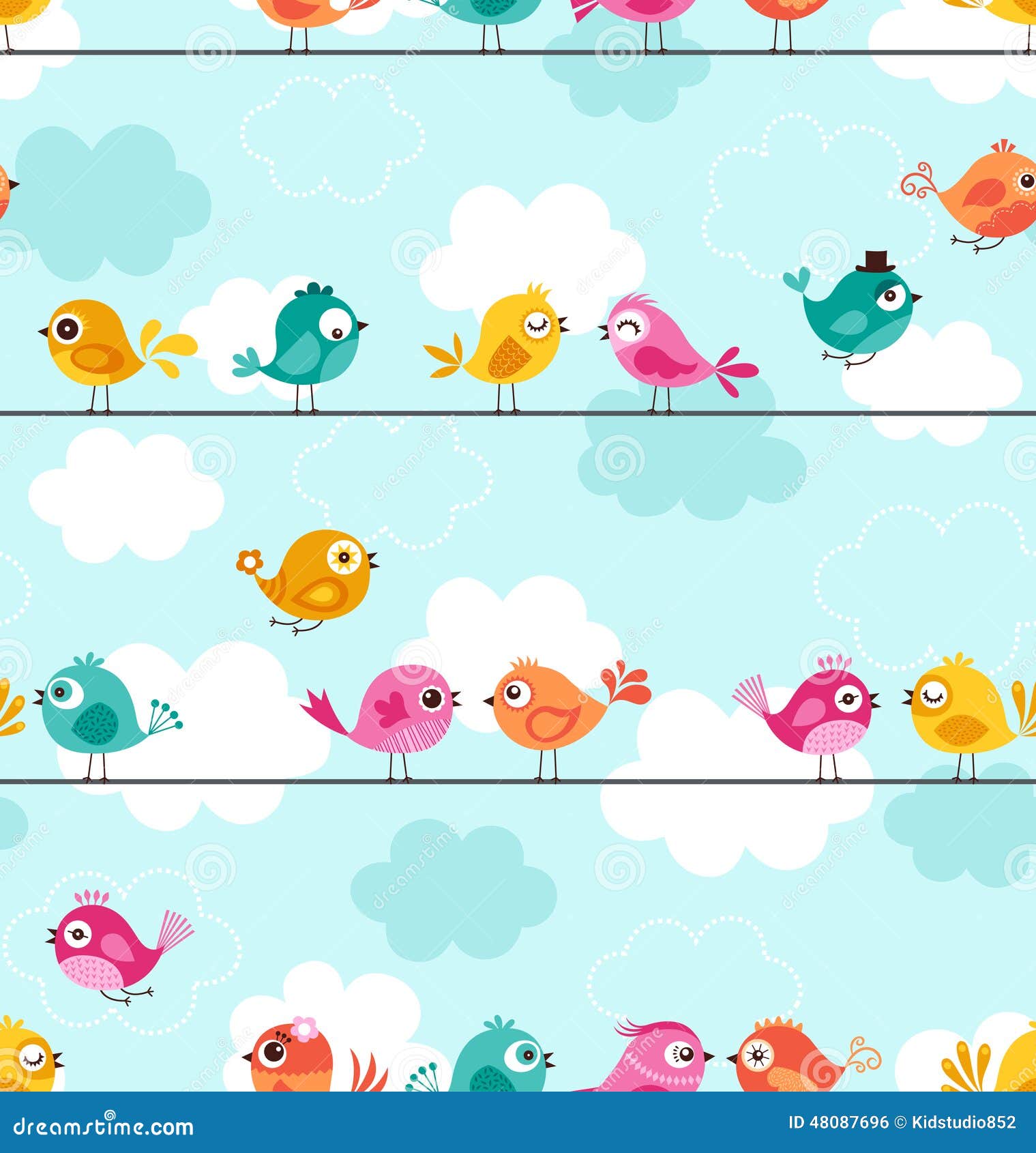 Seamless Cute Birds Pattern Stock Vector - Illustration of cable ...
