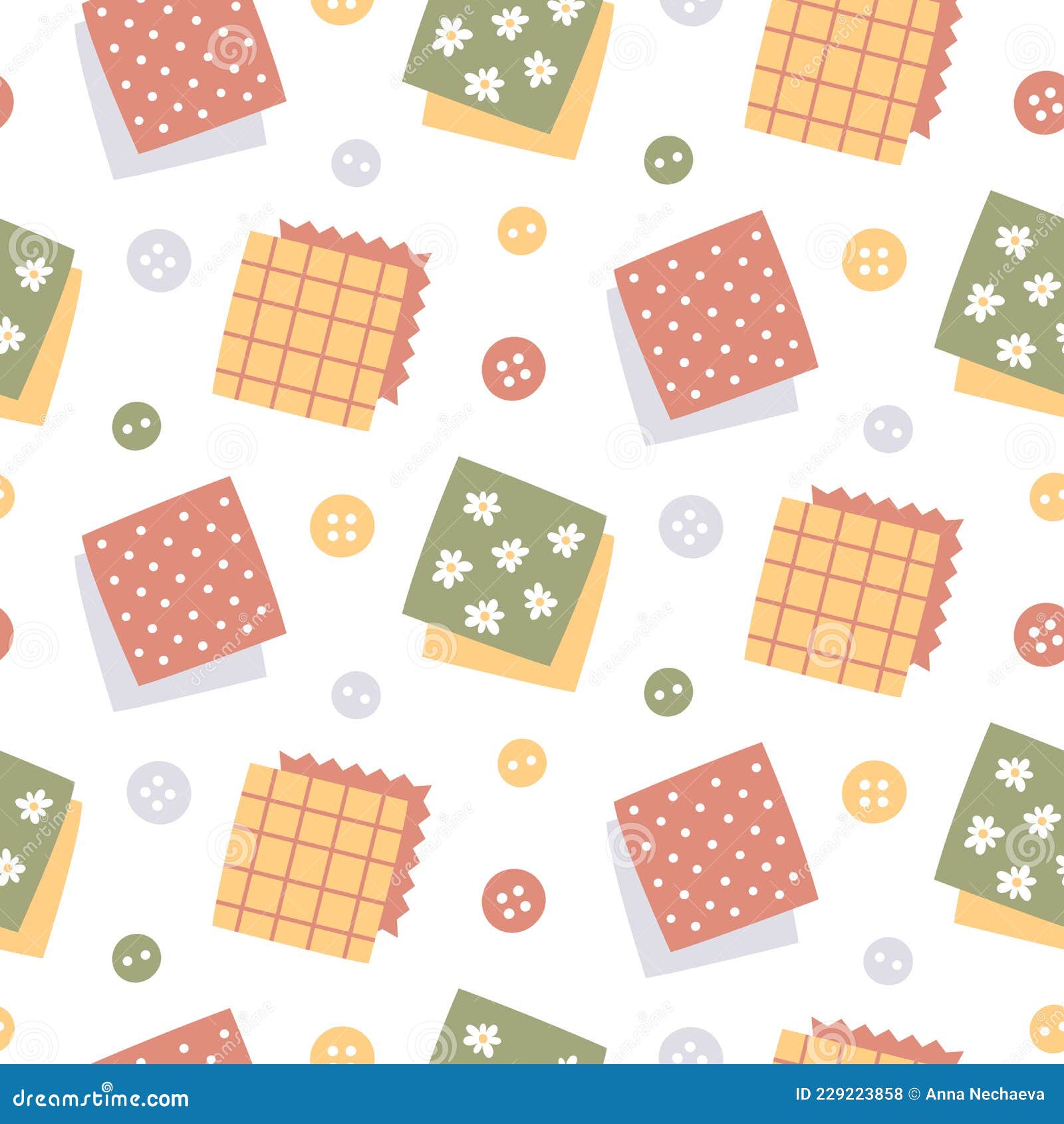 Seamless Cute Boho Vector Sewing Pattern with Buttons, Fabric, Fabric ...