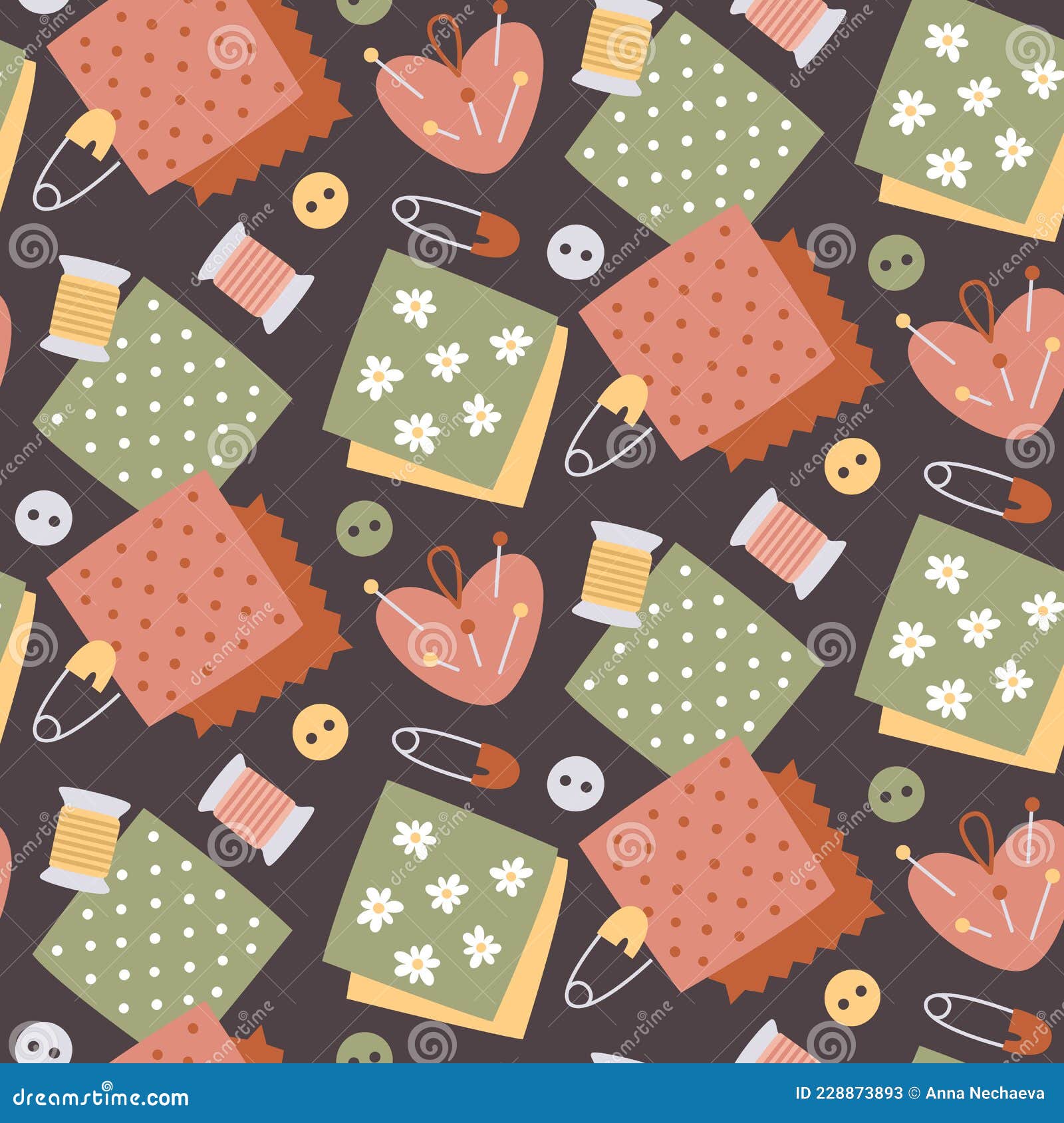 Seamless Cute Boho Vector Pattern With Sewing Buttons Fabric Fabric