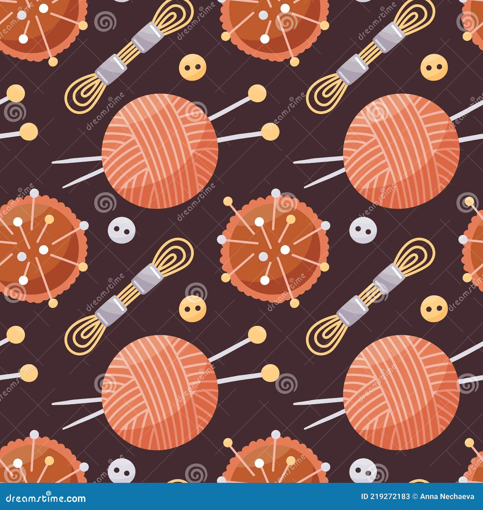 Seamless Cute Boho Vector Sewing and Knitting Pattern with Ball of Thread, Buttons, Needle ...