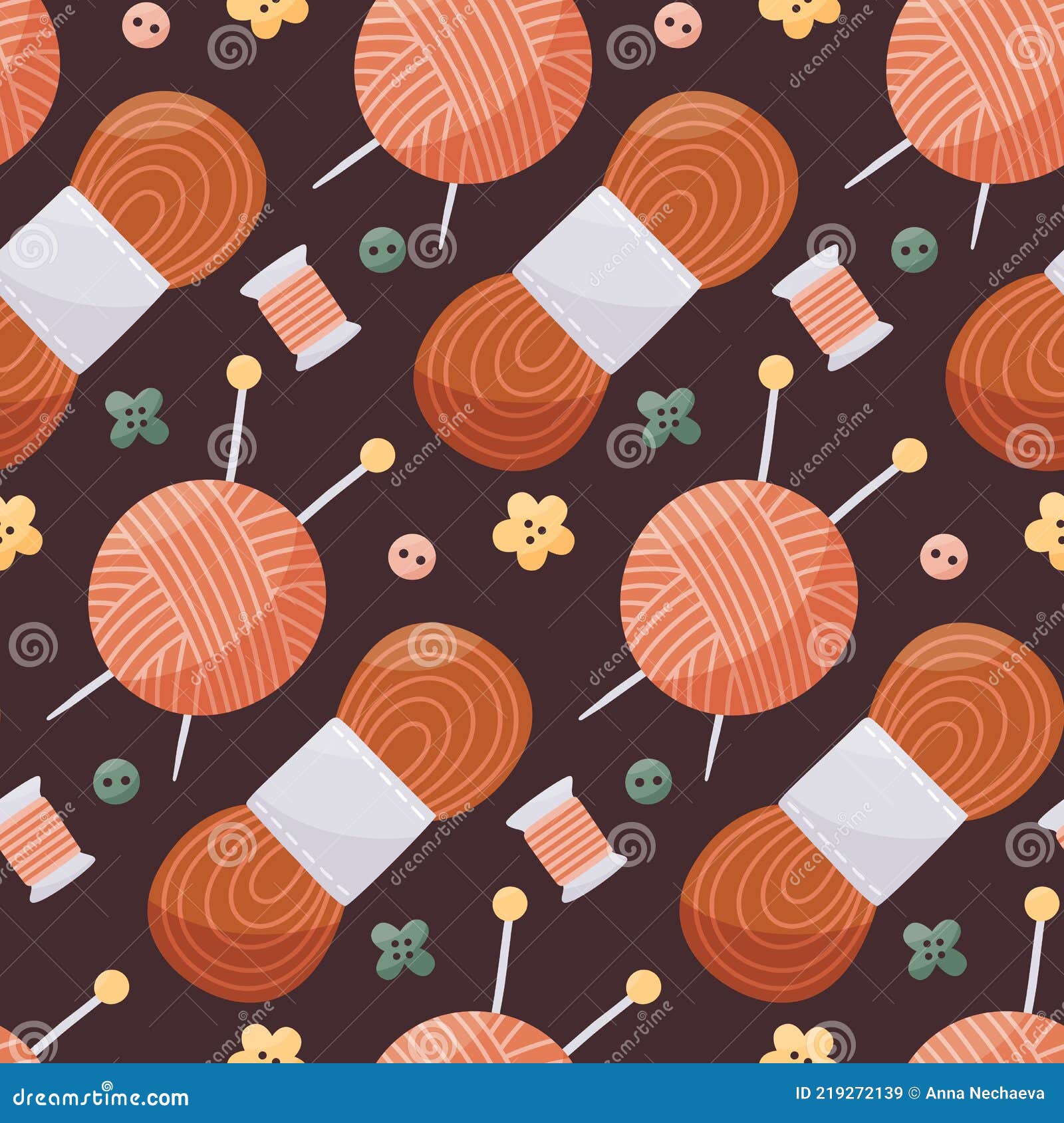 Seamless Cute Boho Vector Sewing and Knitting Pattern with Ball of ...