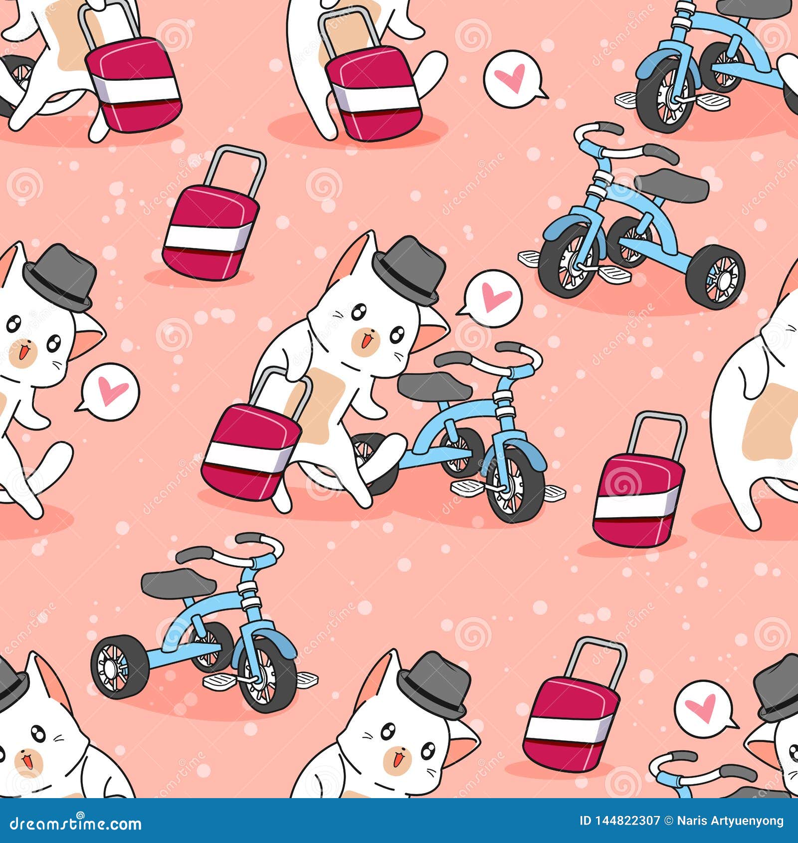 Seamless Cute Cat is Traveling Pattern. Stock Vector - Illustration of ...
