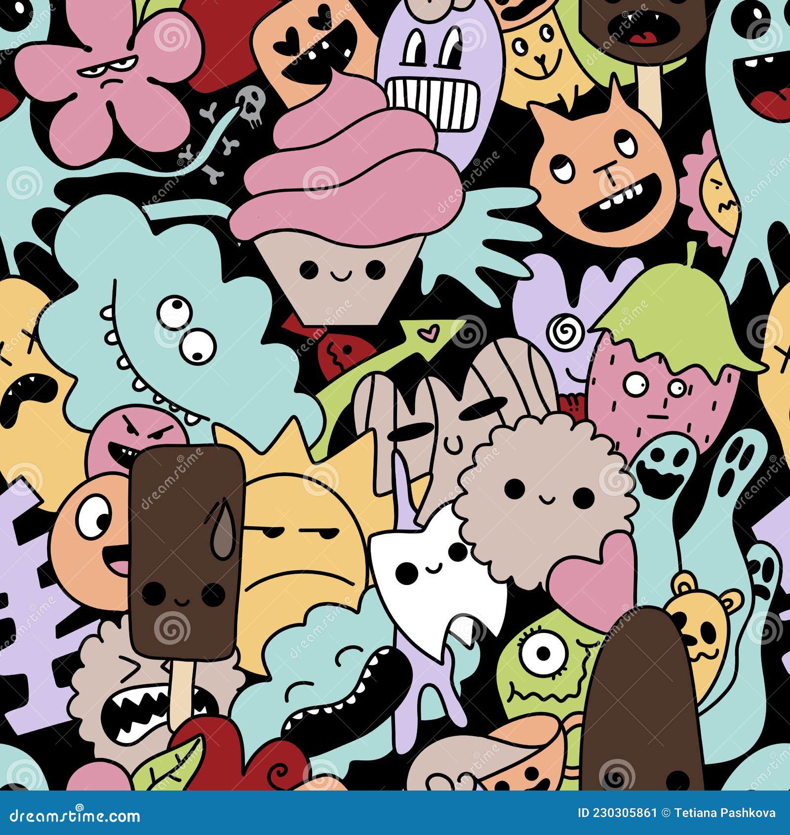 Seamless Cute Kawaii Doodle Colour Pattern with Black Background Stock ...