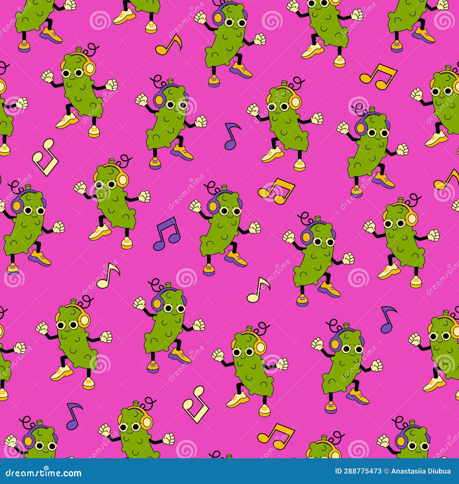 Seamless Cute Pattern with a Dancing Pickle in Headphones. Stock Vector ...