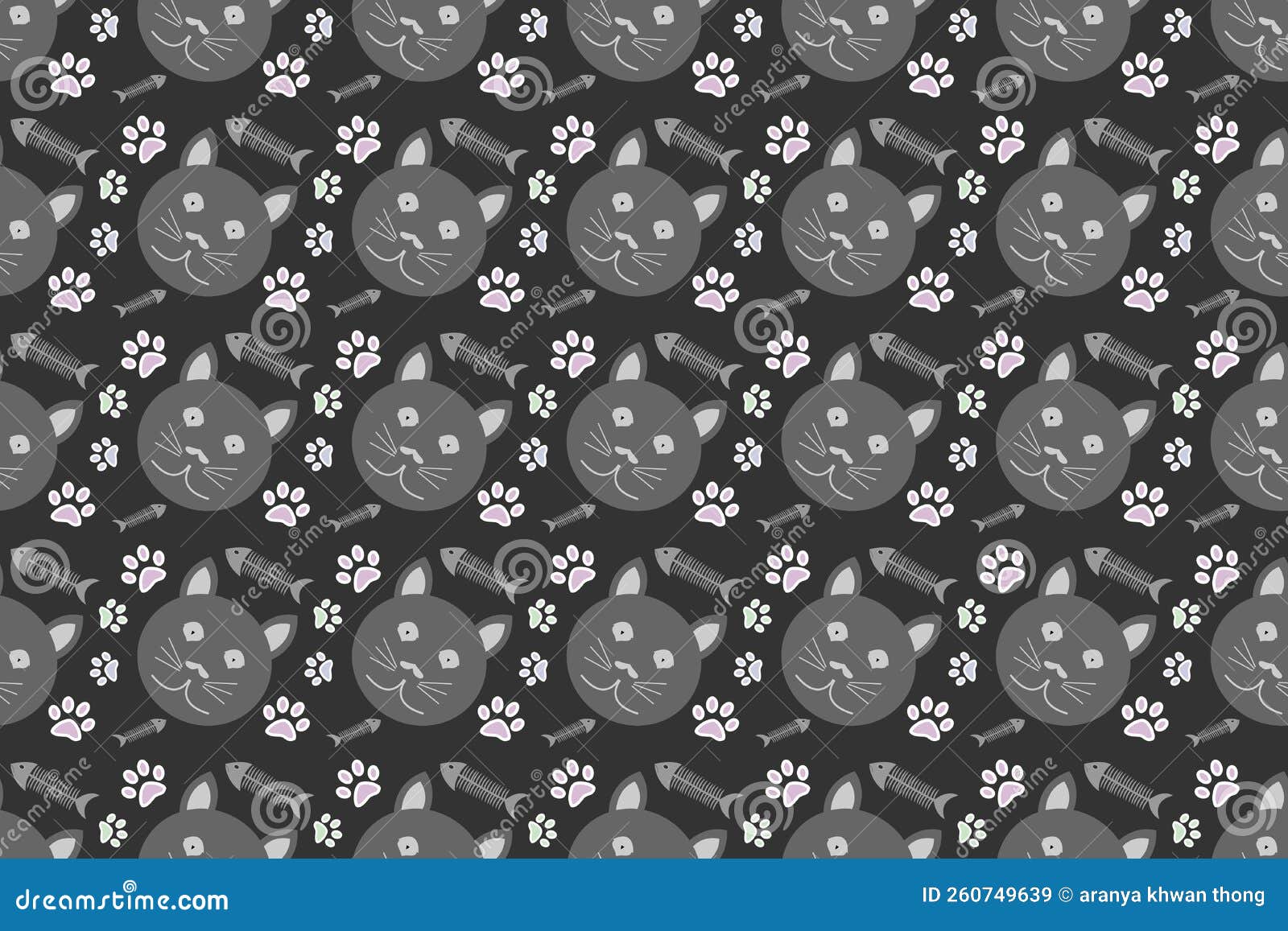 Seamless Cute Pattern Wallpaper with Dark Gray Background, Cartoon Cat ...