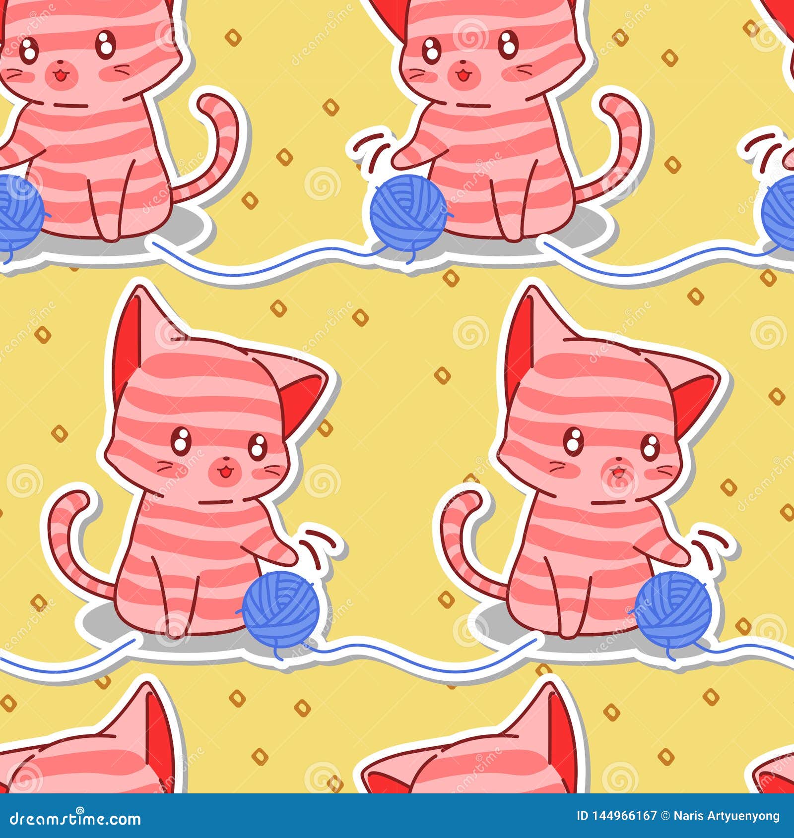 Seamless Cute Pink Cat with Blue Yarn Pattern. Stock Vector ...