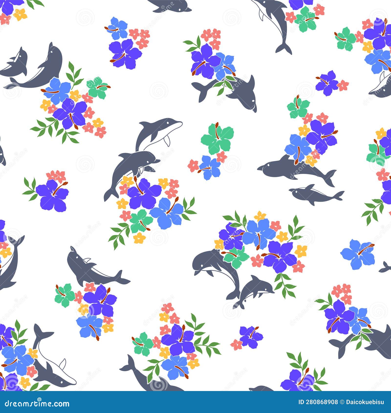 Cute Hibiscus and Dolphin Pattern Suitable for Textiles, Stock Vector ...