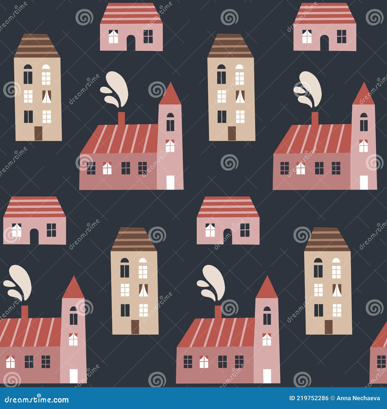 Seamless Cute Vector Scandinavian Pattern with Small Tiny Houses in ...