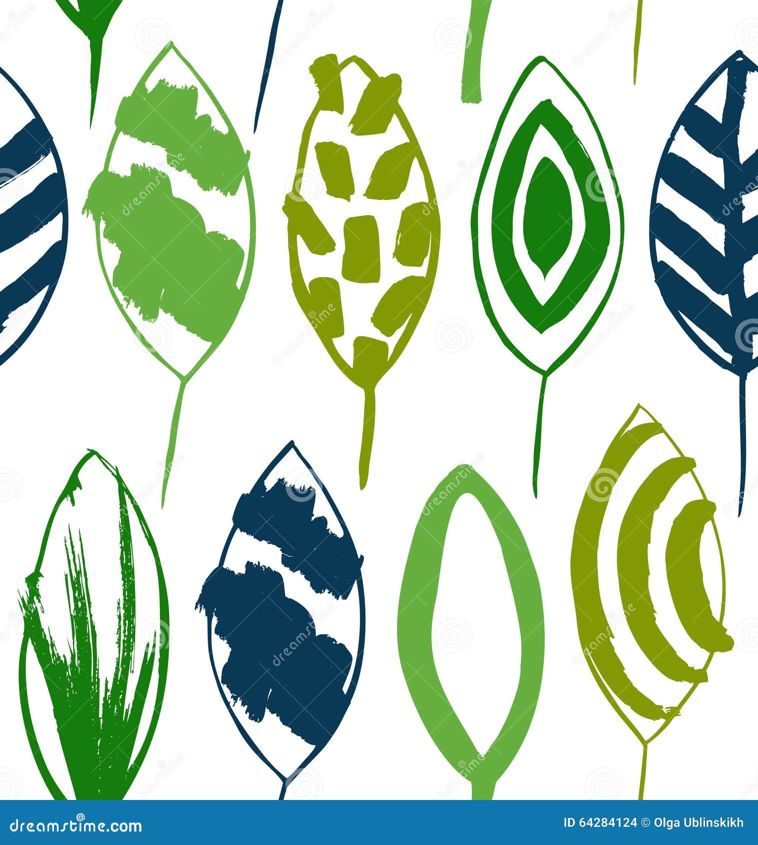 Seamless Decorative Green Pattern with Ink Drawn Leaves. Vector Texture ...
