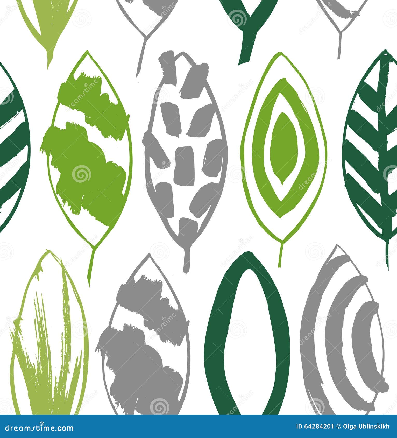 Seamless Decorative Green Pattern with Ink Drawn Leaves. Vector Texture ...