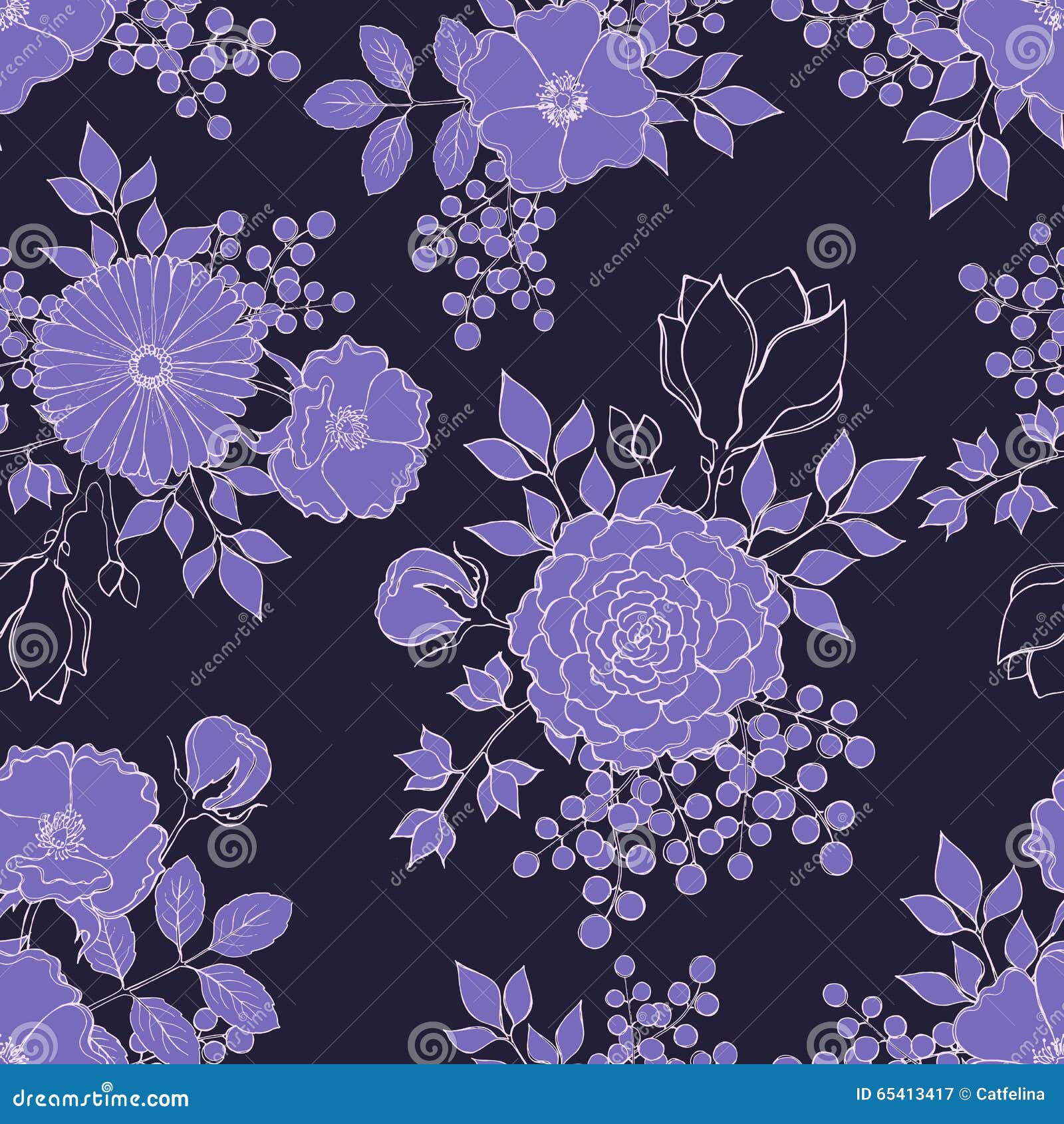 Seamless Deep Lilac Pattern with Hand Drawn Flowers and Leaves Stock ...