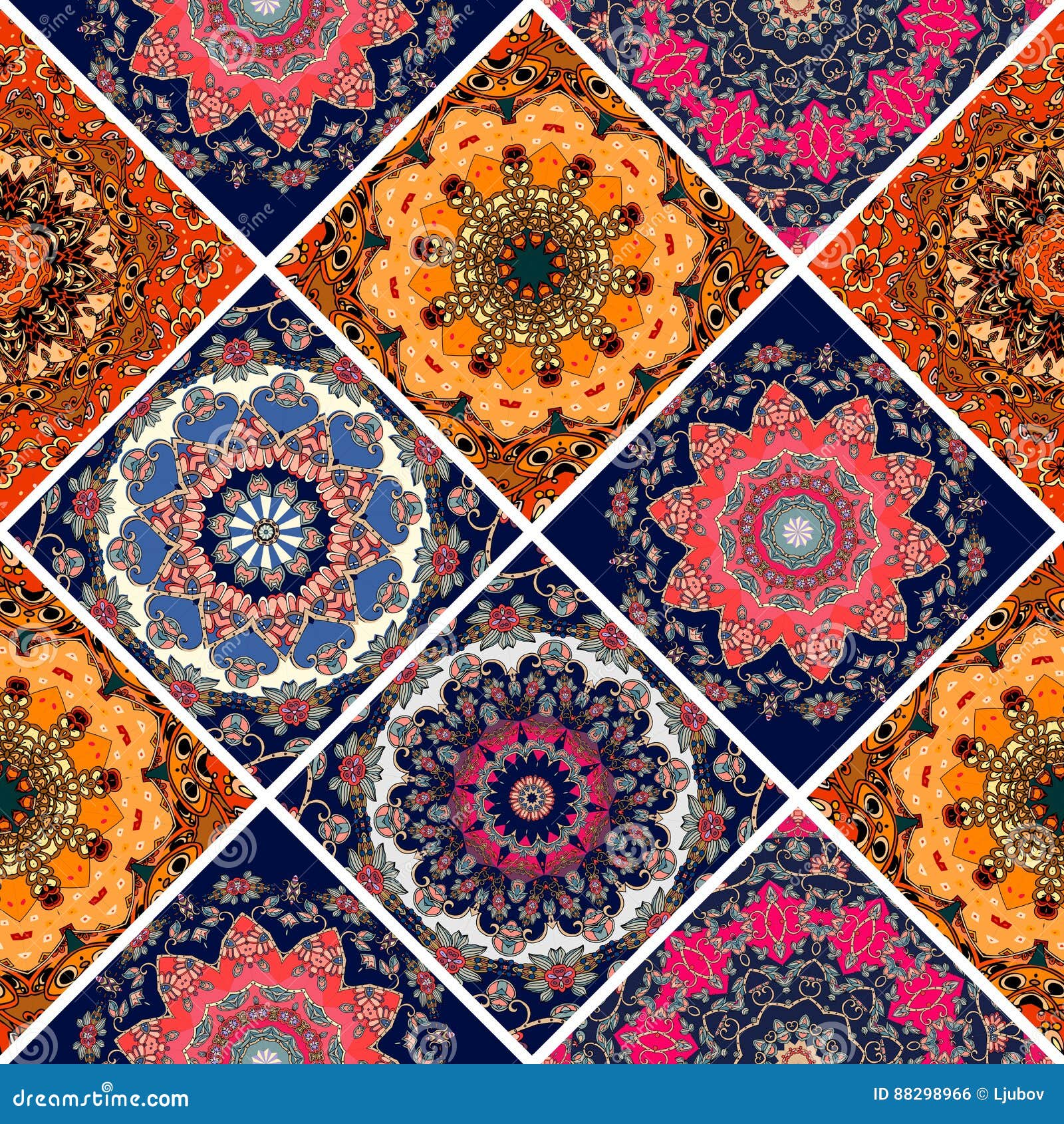 Seamless Diagonal Patchwork Pattern in Boho Style with Flower ...