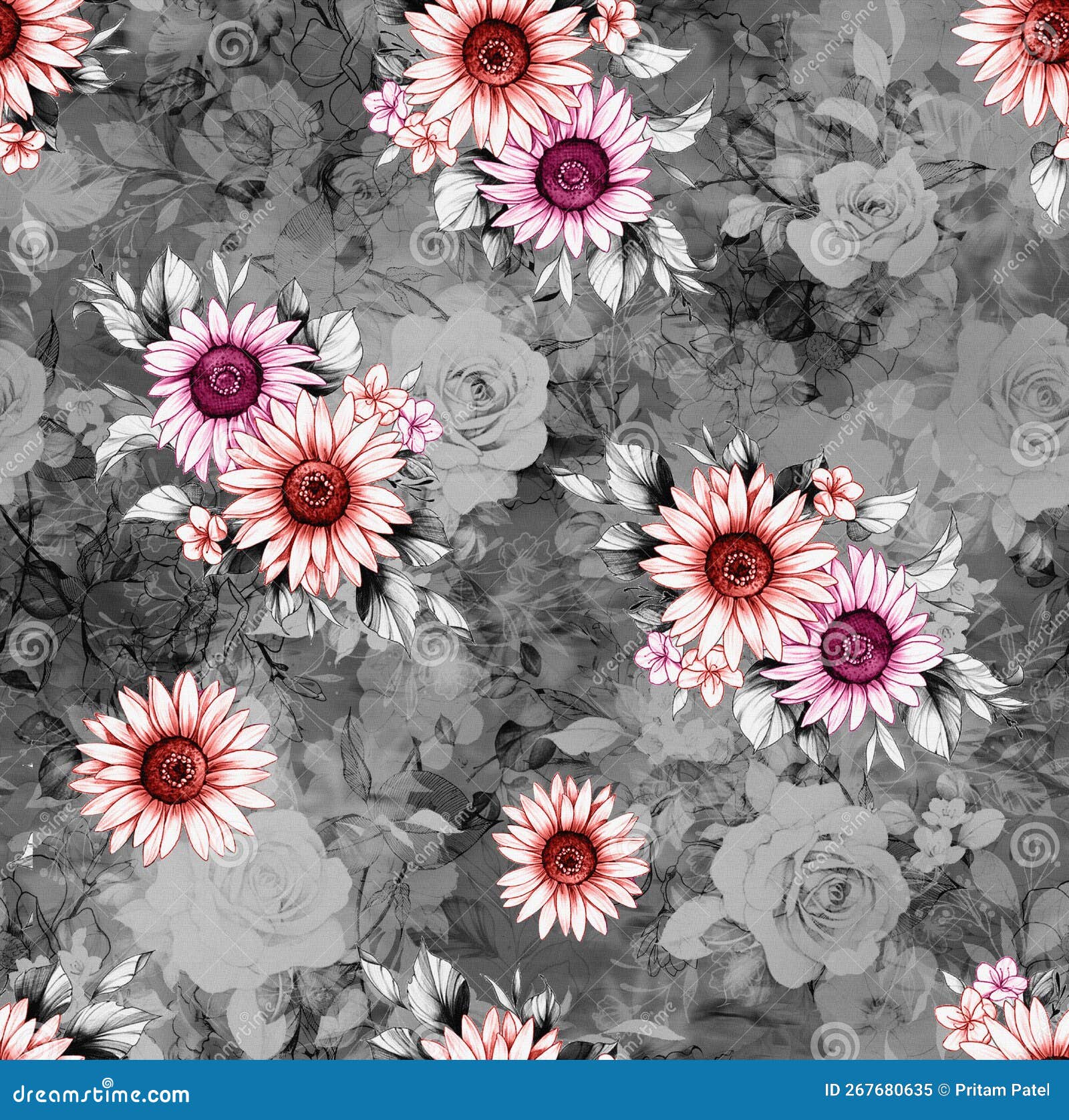 Seamless Digital Flower Design Stock Illustration - Illustration of ...