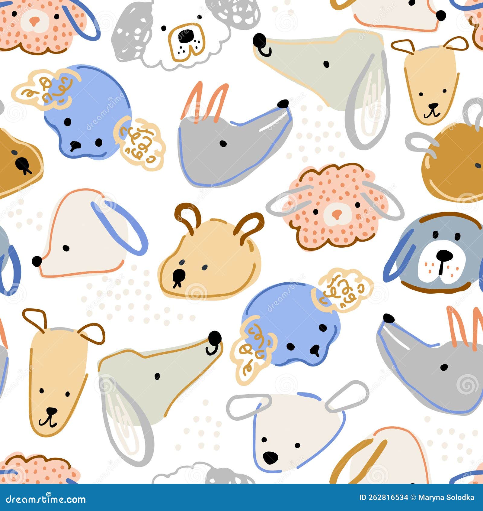 Seamless Dog Face Pattern. Hand Drawn Cute Dogs Texture Stock Vector ...