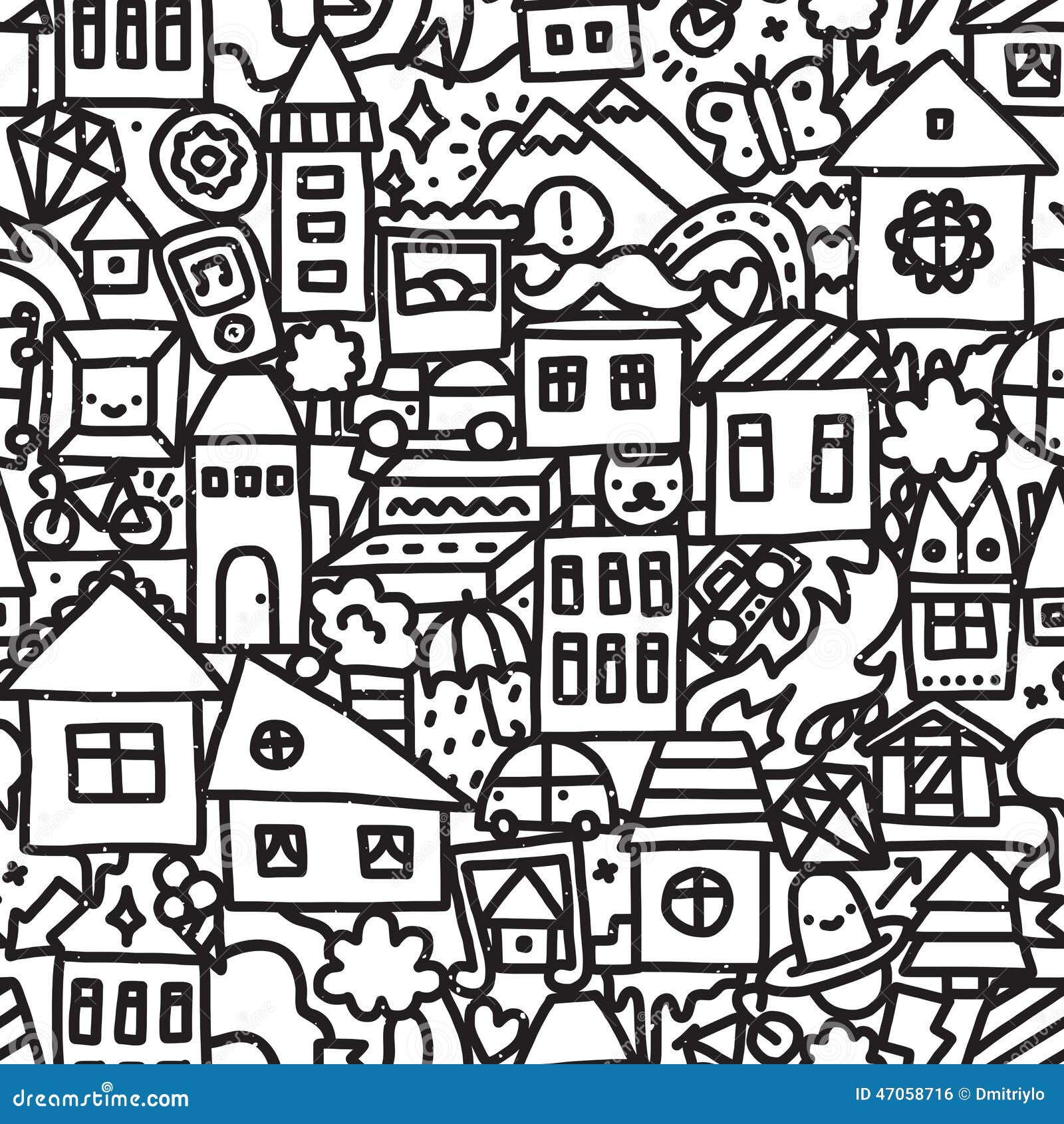 Seamless Doodle City Vector Pattern Stock Vector - Illustration of cute ...