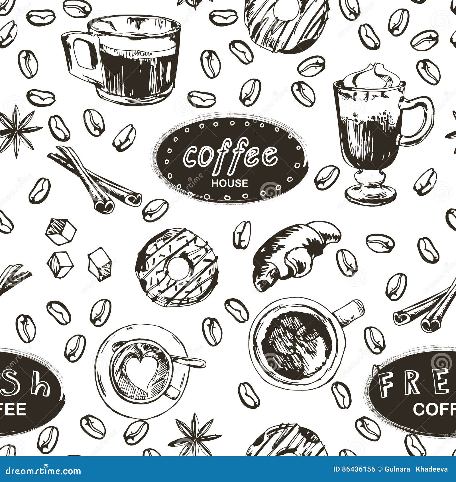 Seamless Doodle Coffee Pattern, Hand Drawn. Vector Illustration Stock ...