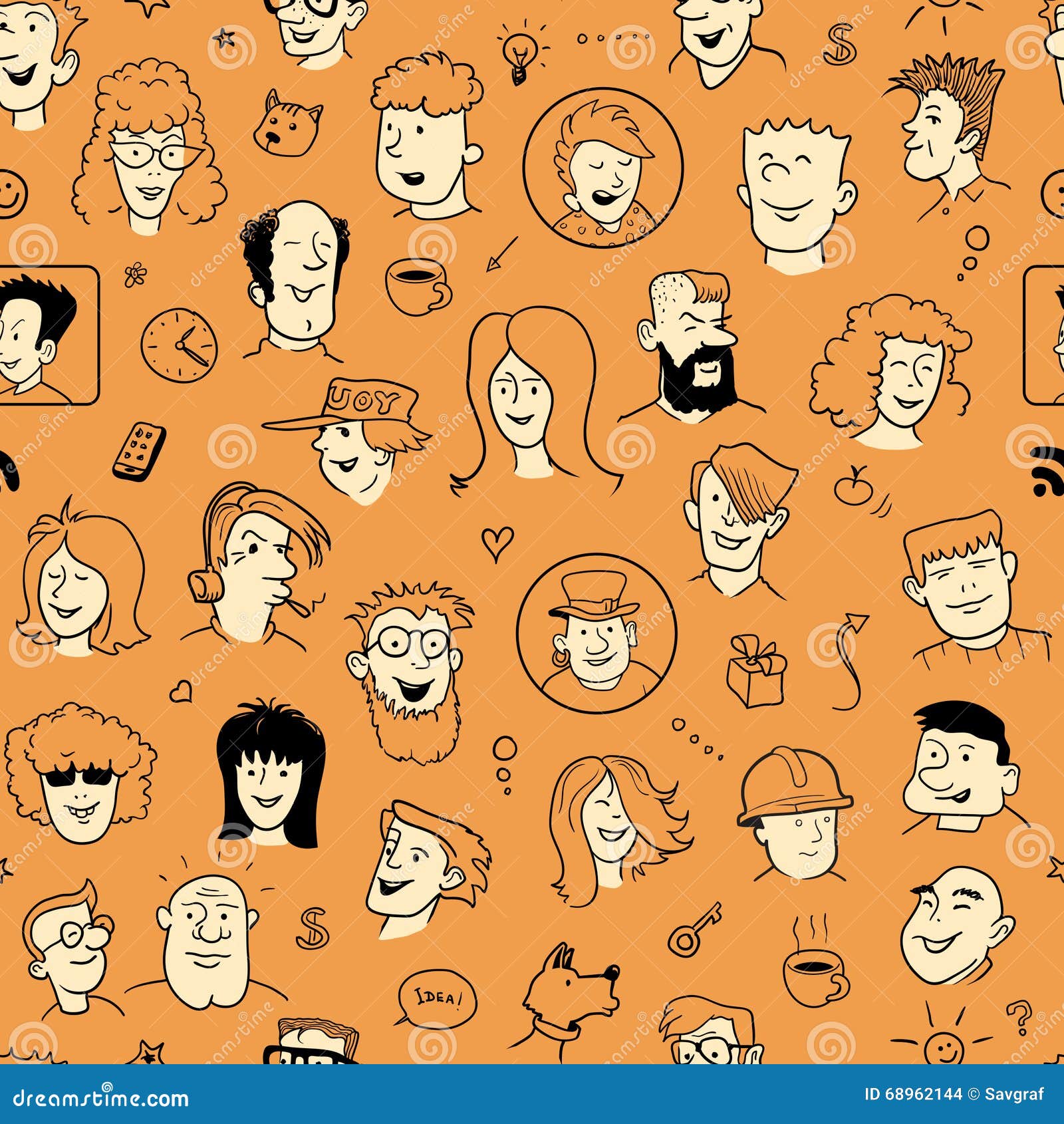 Seamless Doodle Faces Pattern Stock Vector - Illustration of pattern ...