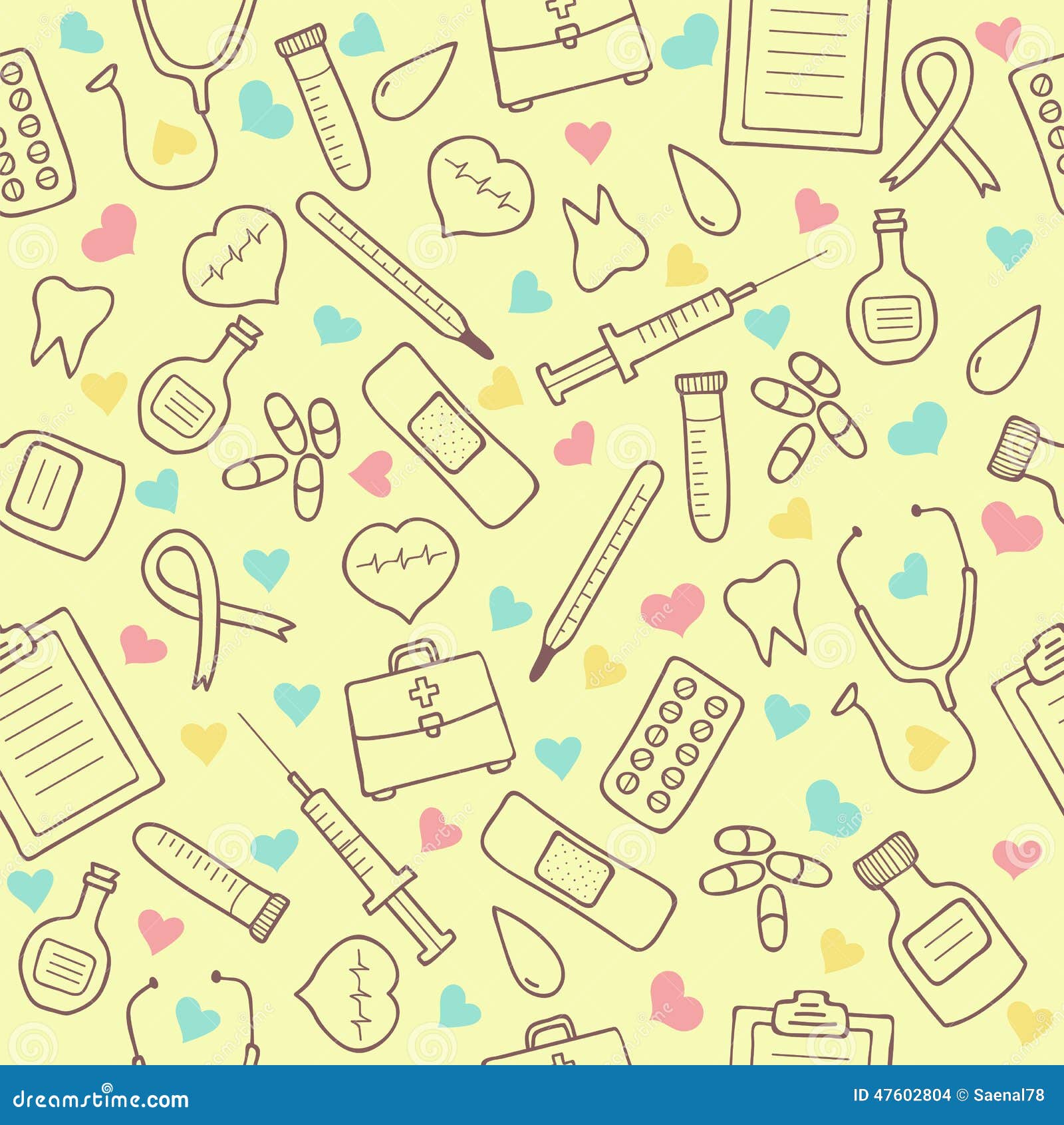 Seamless Doodle Medical Pattern with Colored Hearts Stock Vector ...