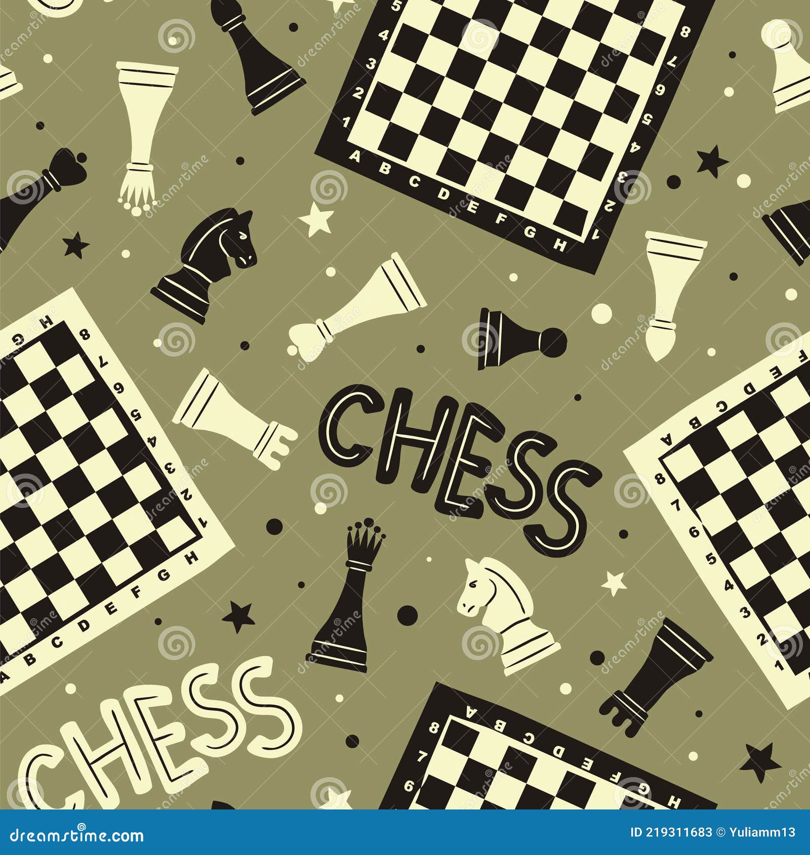 Seamless Doodle Pattern with Chess Pieces, Checkerboards and Stars ...