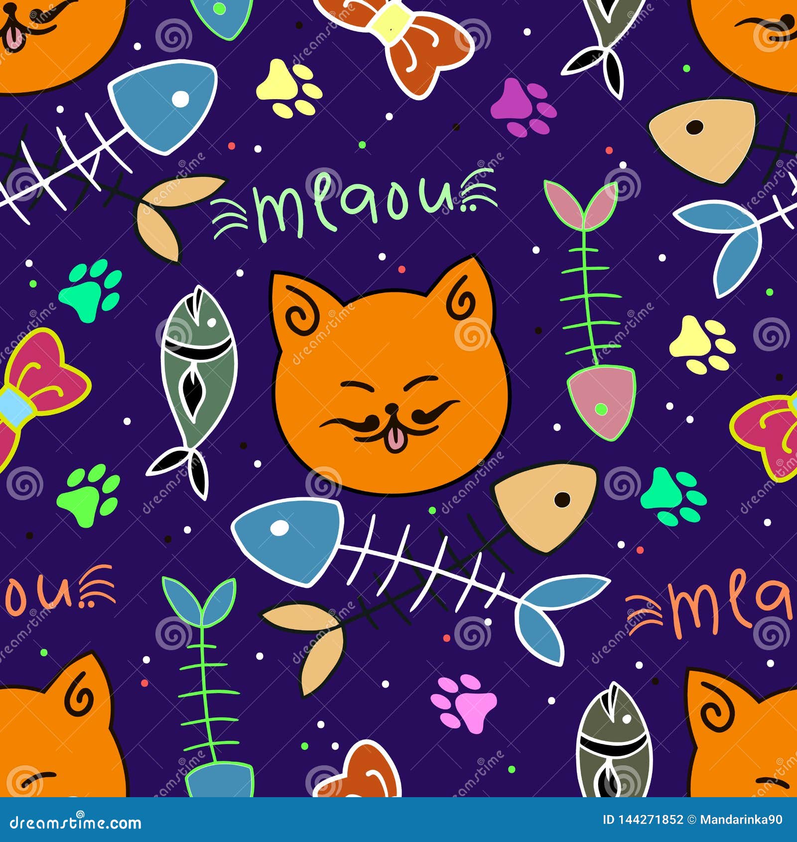 Seamless Doodle Pattern with Cute Cats Stock Vector - Illustration of ...