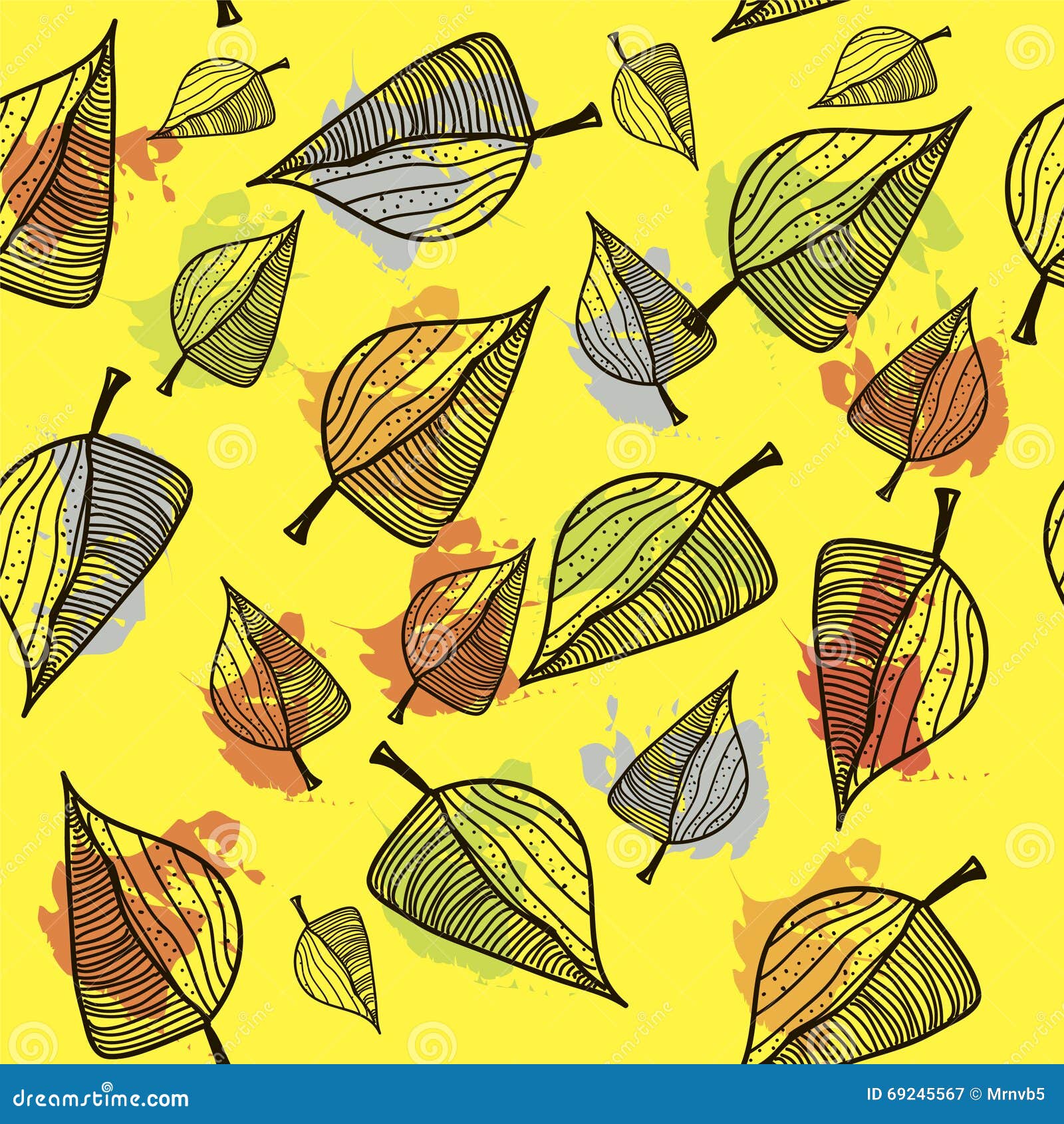 Seamless Doodles Pattern with Leaves. Stock Vector - Illustration of ...