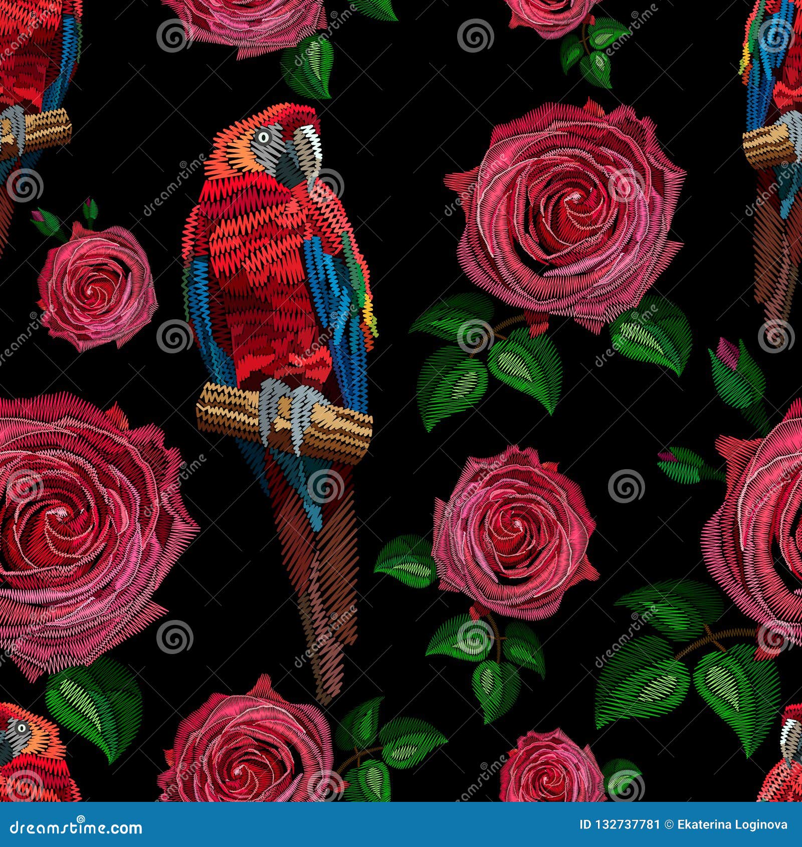 Seamless Embroidery Pattern with Parrot and Roses. Stock Vector ...