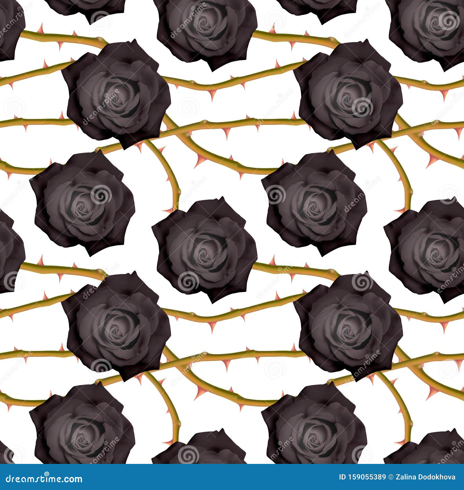 Seamless, Endless Pattern with Roses and Thorns, Black Roses on White ...