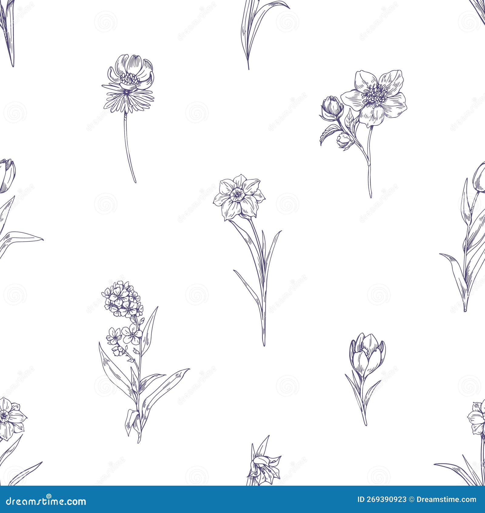 Seamless Engraved Floral Pattern, Repeating Print. Vintage Outlined ...
