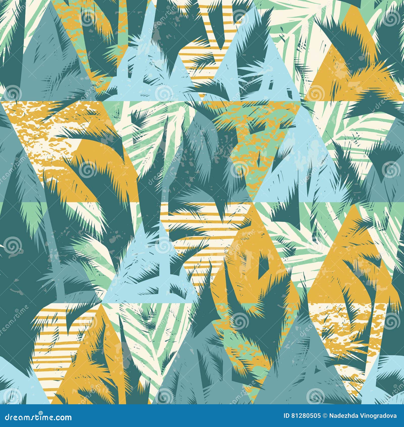 Seamless Exotic Pattern with Palm Leaves on Geometric Background Stock ...
