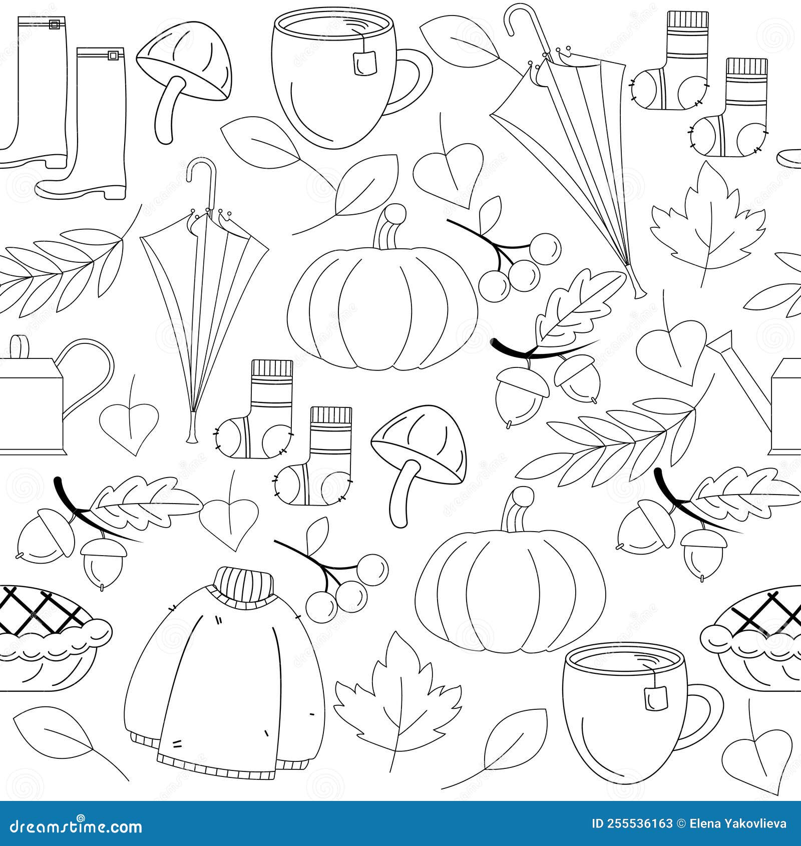 Seamless Fall Outline Pattern on Light Background with Pumpkin, Sweater ...