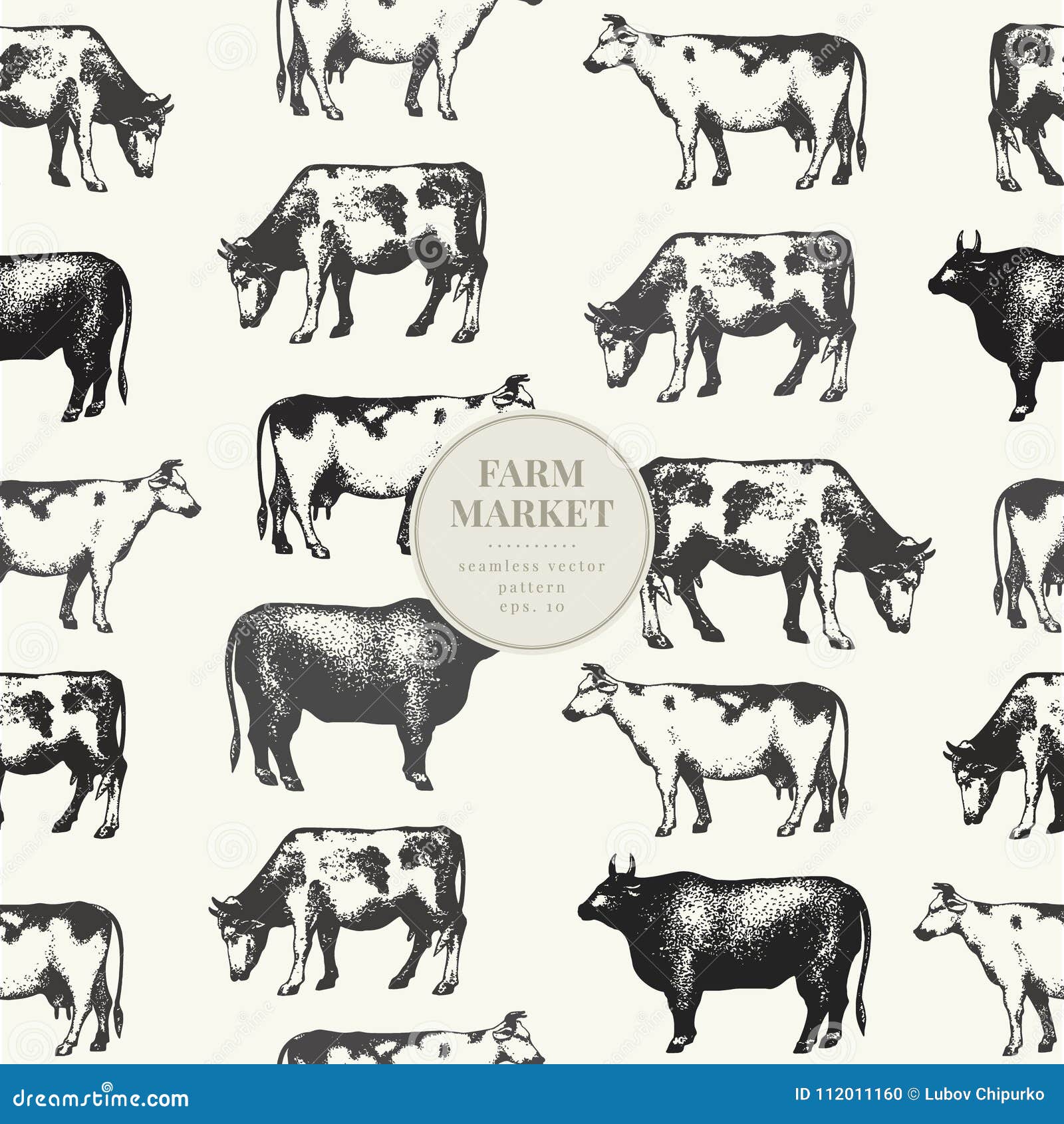 Seamless Farm Vector Pattern. Graphical Cow Silhouette, Hand Drawn ...