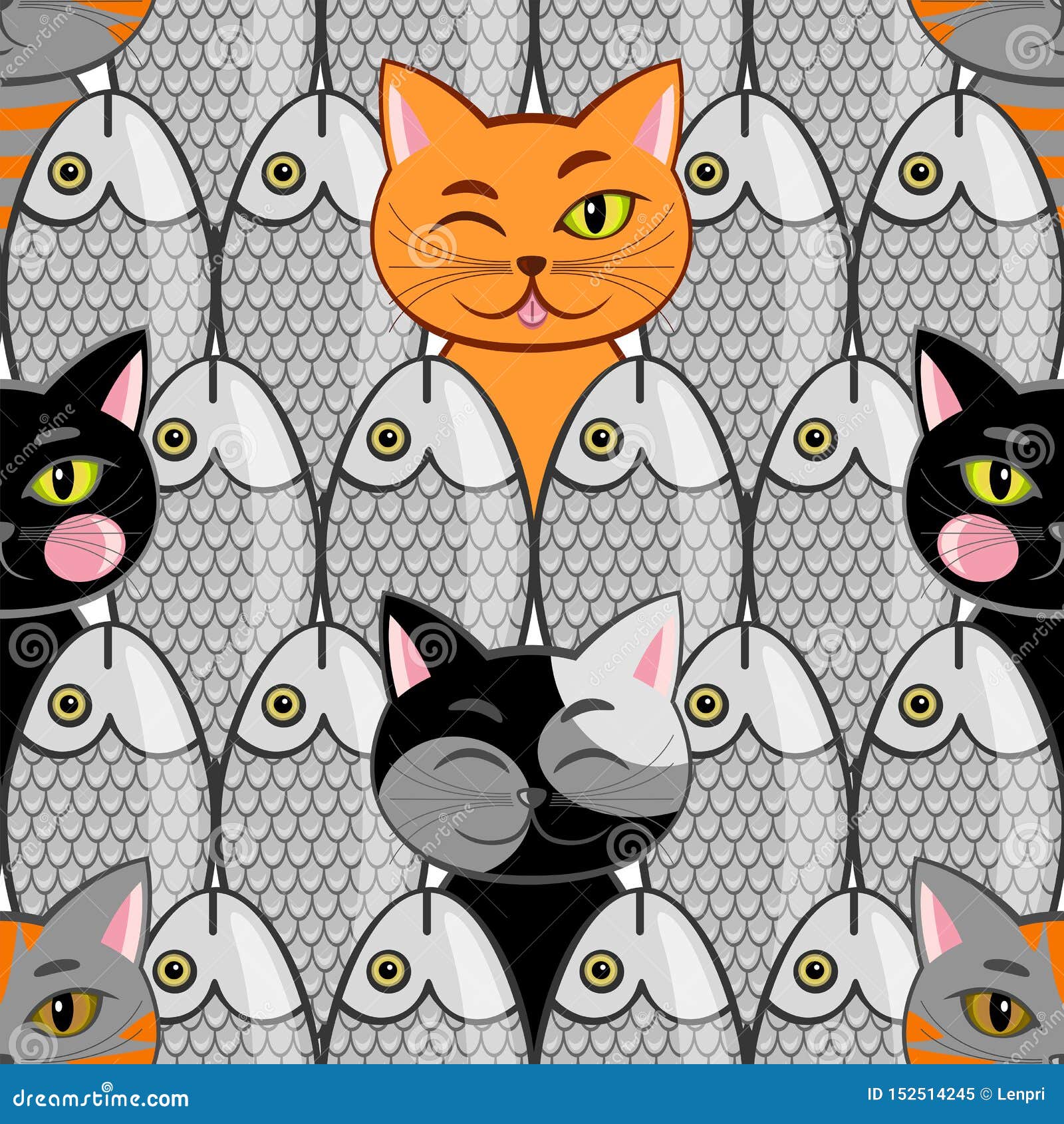 Seamless with Fish and Cats Stock Vector - Illustration of repetition ...