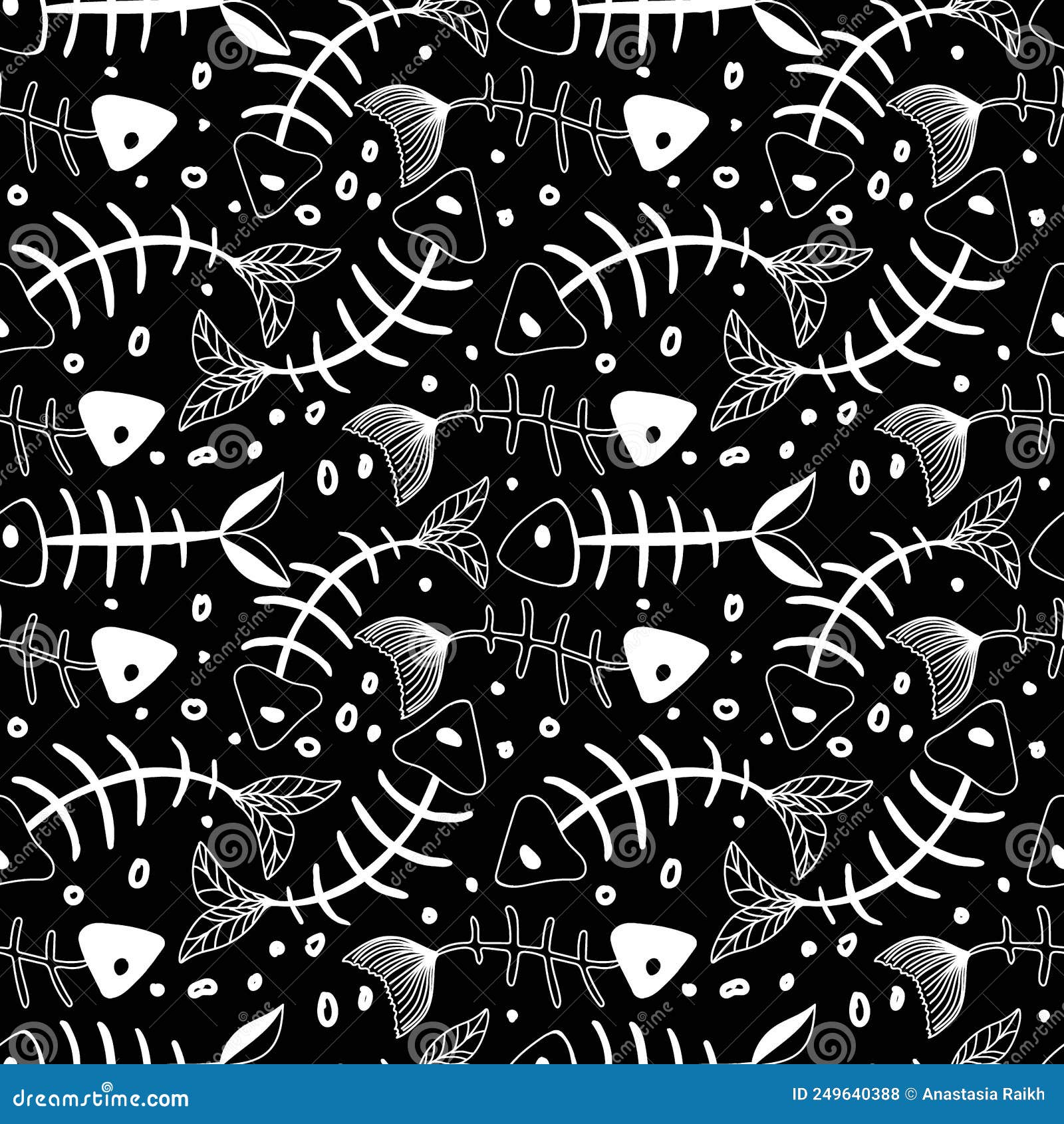 Seamless Fish Skeleton Pattern, Hand-drawn Elements in Doodle Style ...