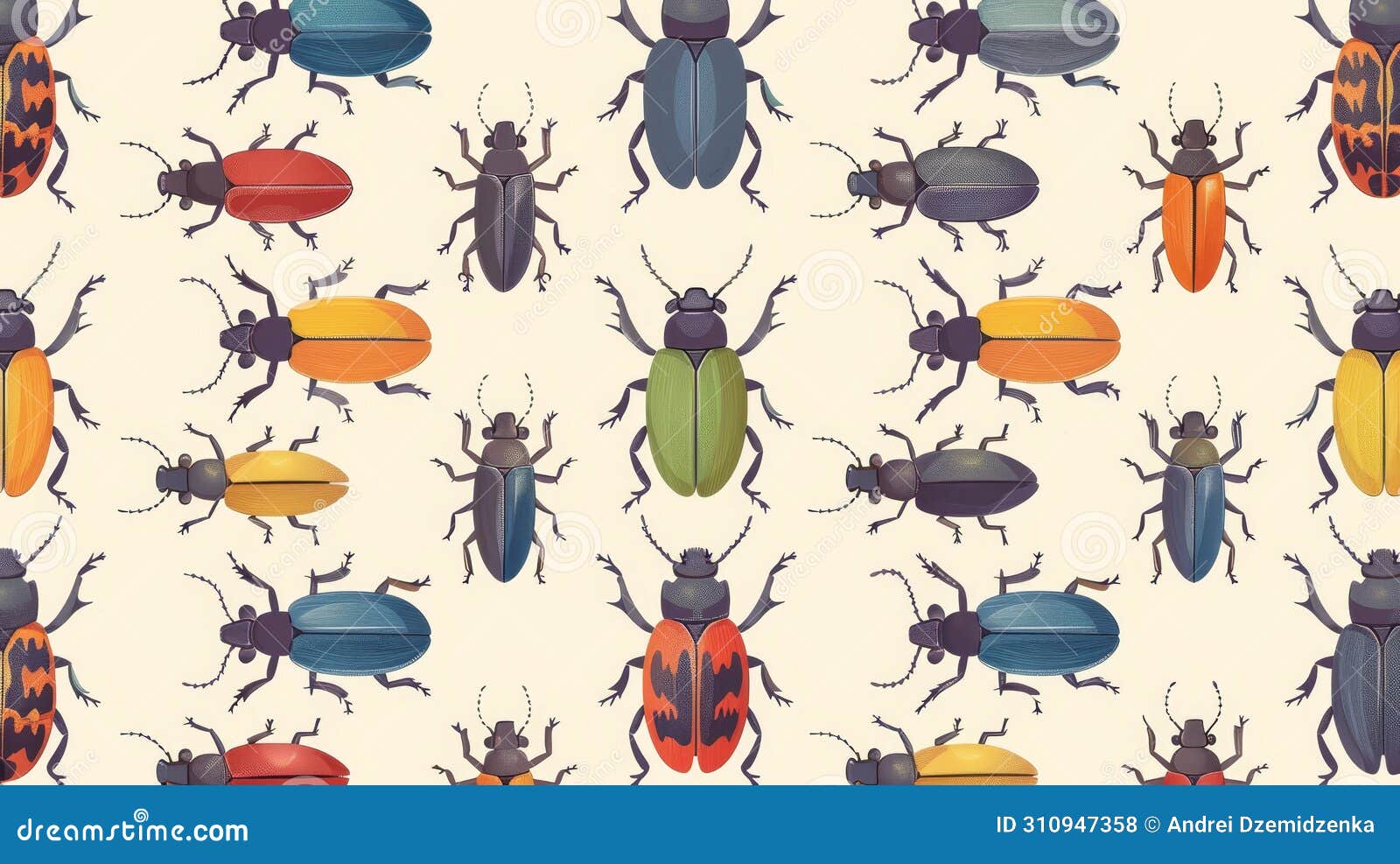 This Seamless Flat Modern Illustration Features Beetles with a ...