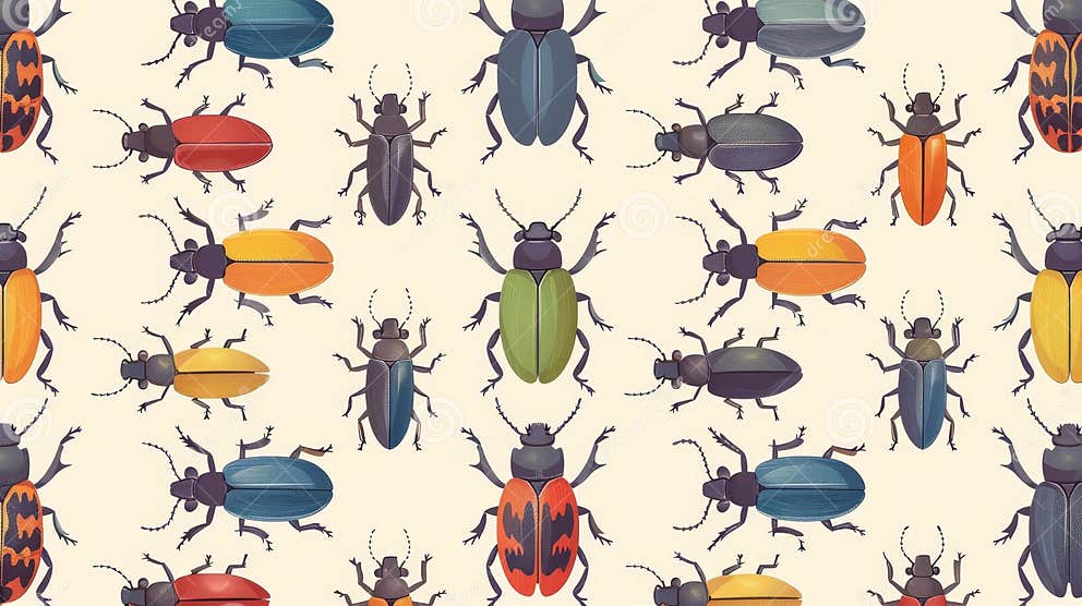 This Seamless Flat Modern Illustration Features Beetles with a ...