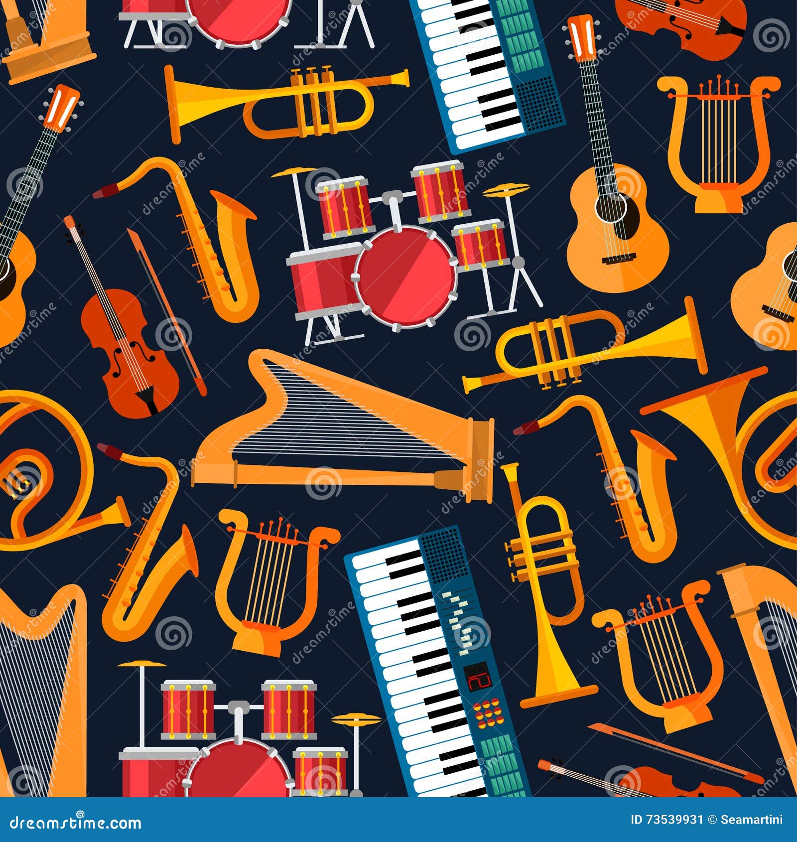 Seamless Flat Musical Instruments Pattern Stock Vector - Illustration ...