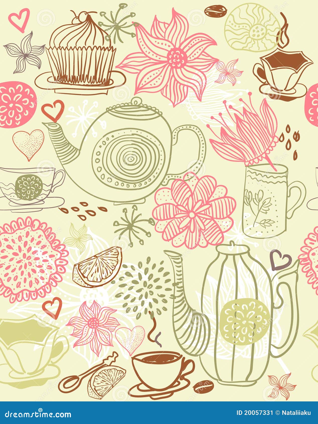 Seamless Floral Background with Cups and Teapots Stock Vector ...