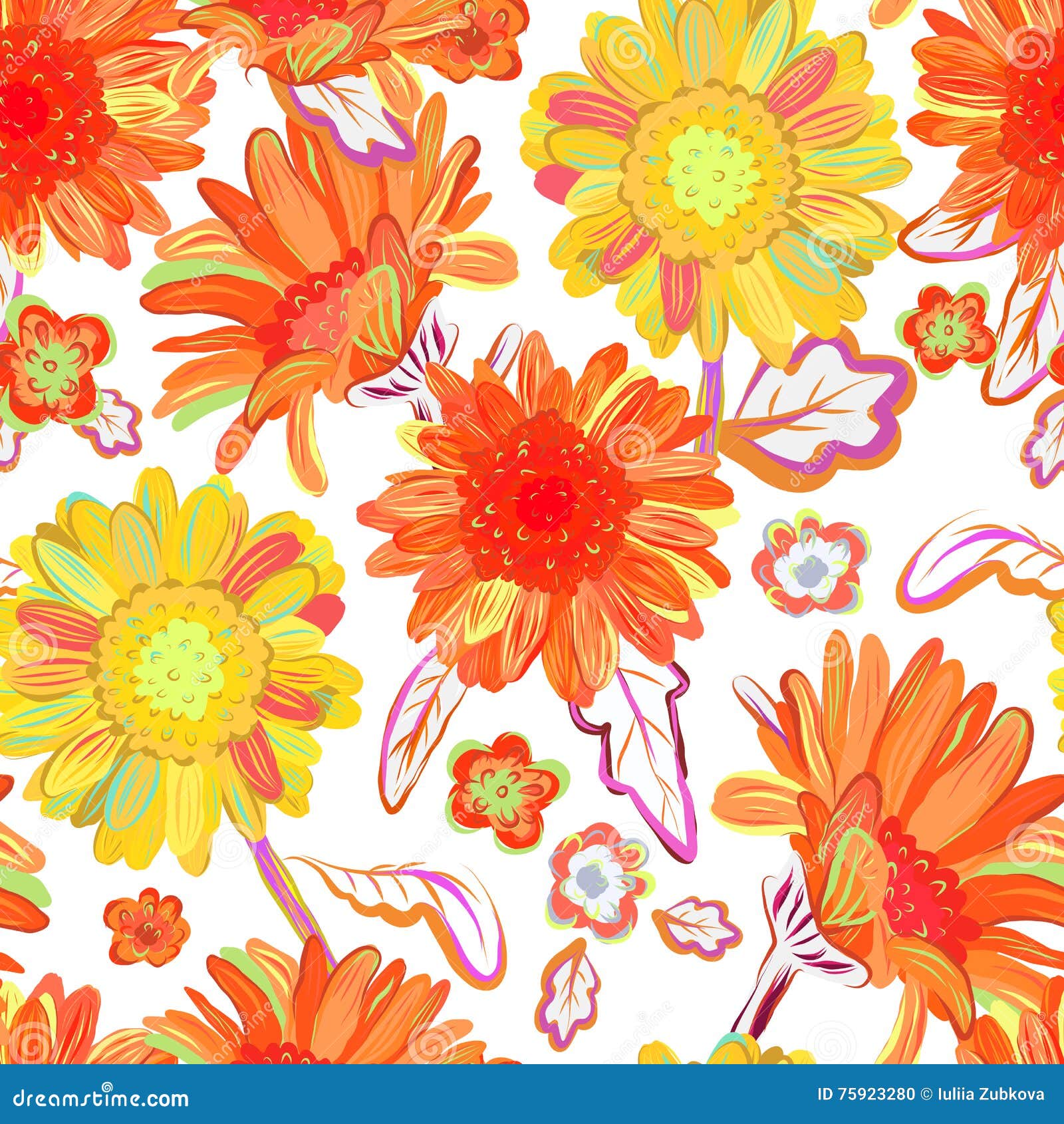 Seamless Floral Background. Isolated Red Yellow Flowers. Vector Stock ...