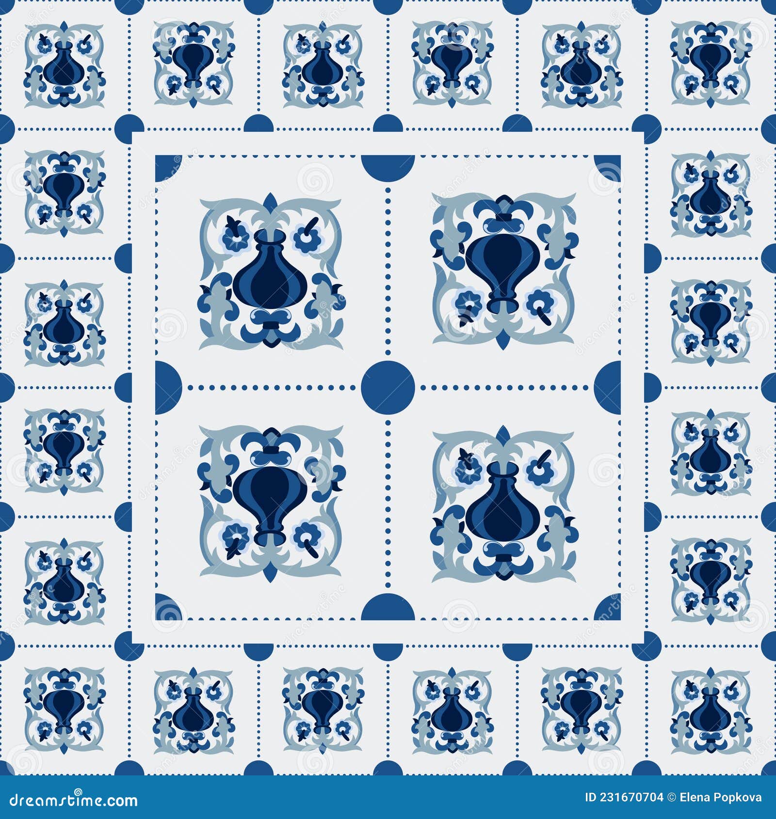 Seamless Floral Facing Cobalt Tiles Style Vector Square Pattern Stock ...