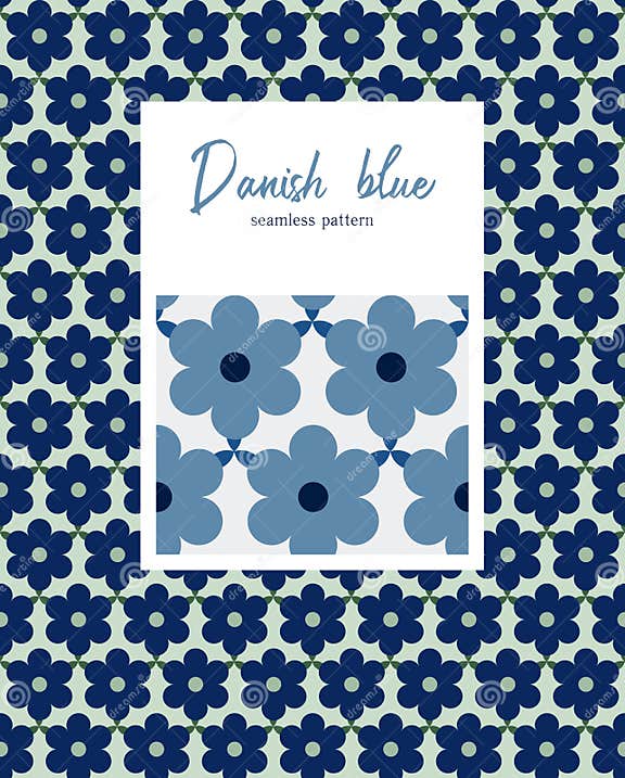 Seamless Floral Facing Cobalt Tiles Vector Pattern in Danish Style ...