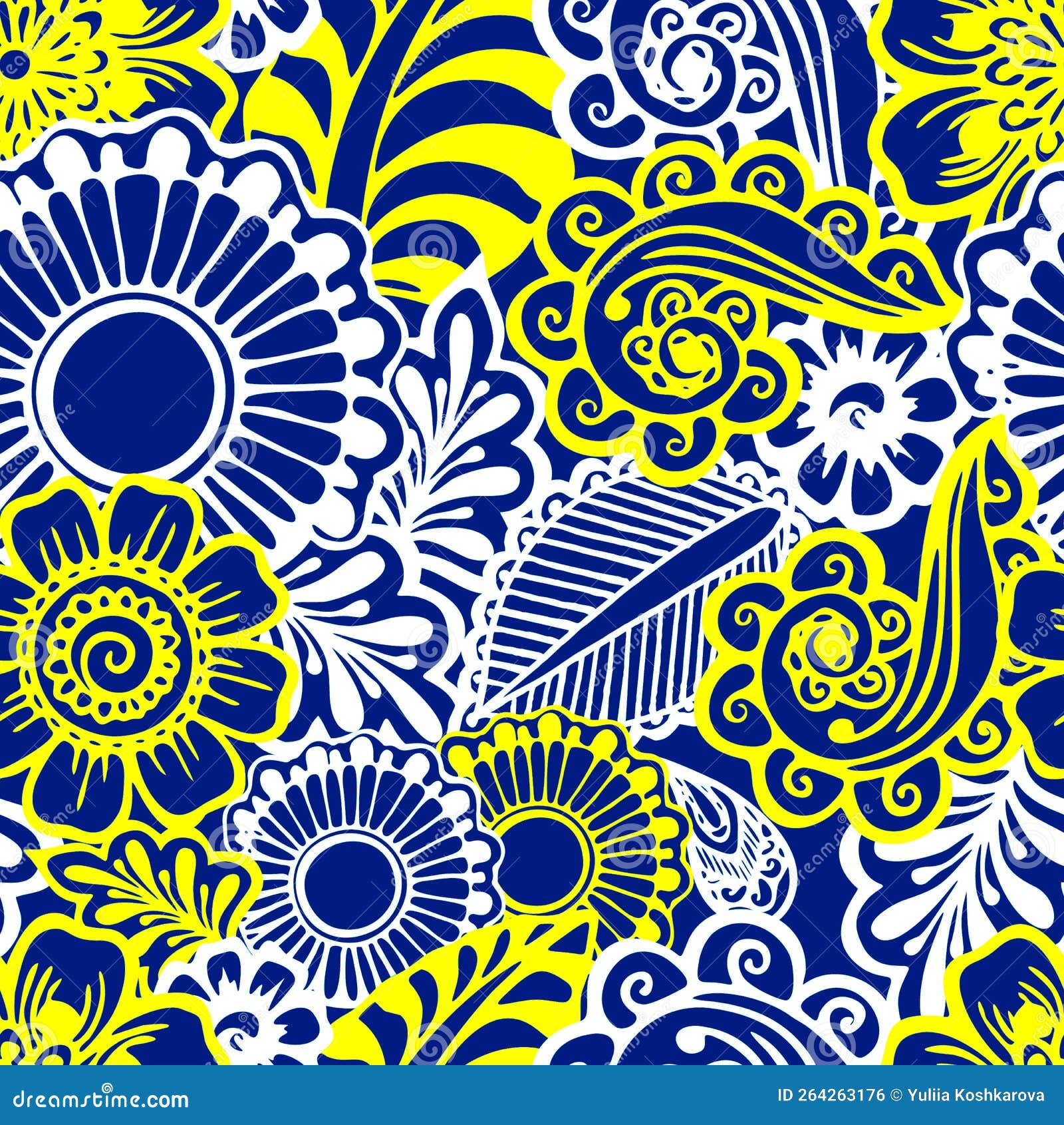 Seamless Floral Graphic Pattern of White and Yellow Elements on a Blue ...