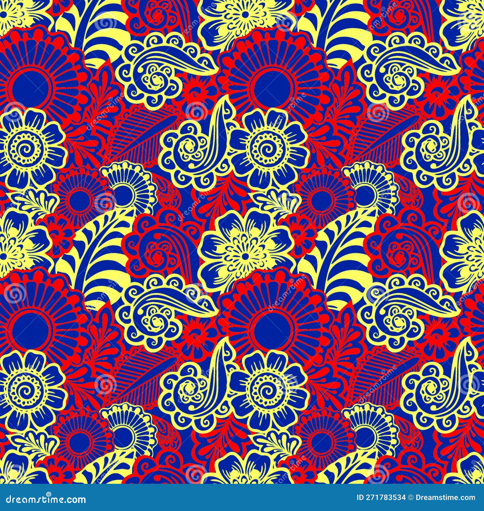 Seamless Floral Graphic Pattern of Yellow-red Elements on a Blue ...