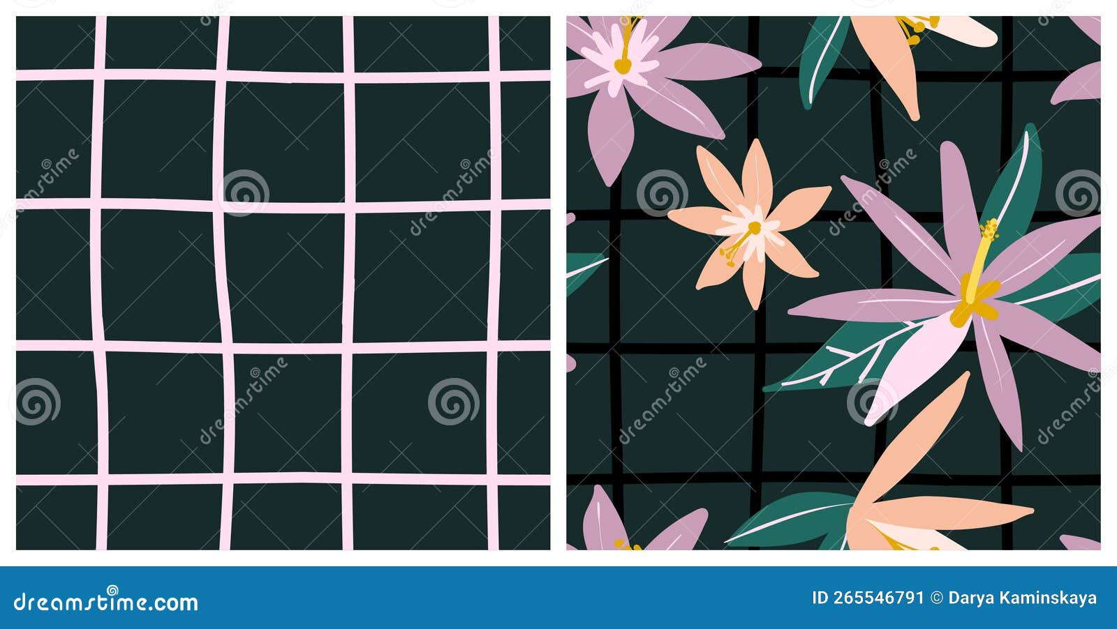 Seamless Floral and Grid Pattern Set. Dark Background Stock Vector ...