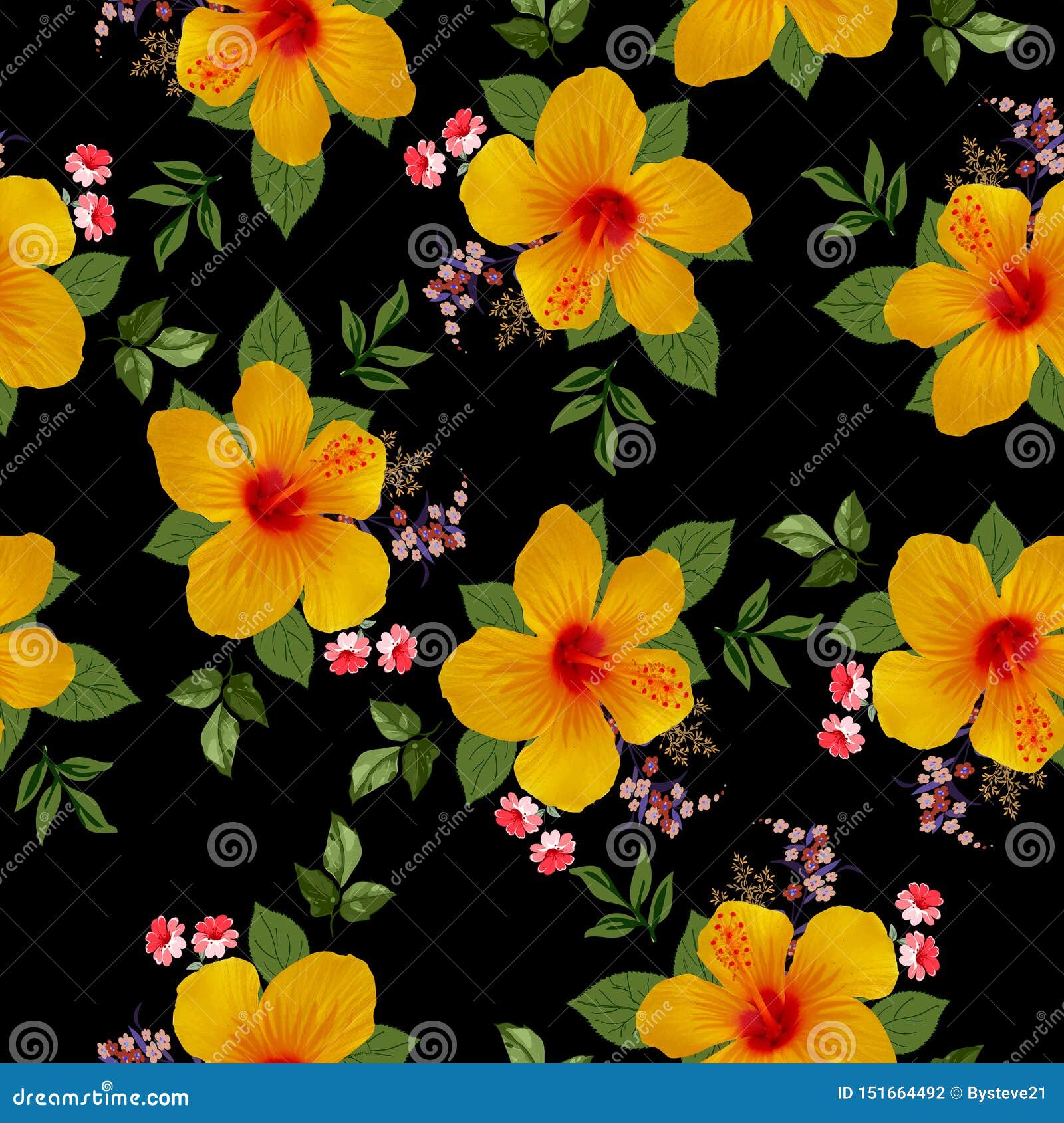 Seamless Floral Hibiscus With Leaf Pattern Stock Illustration