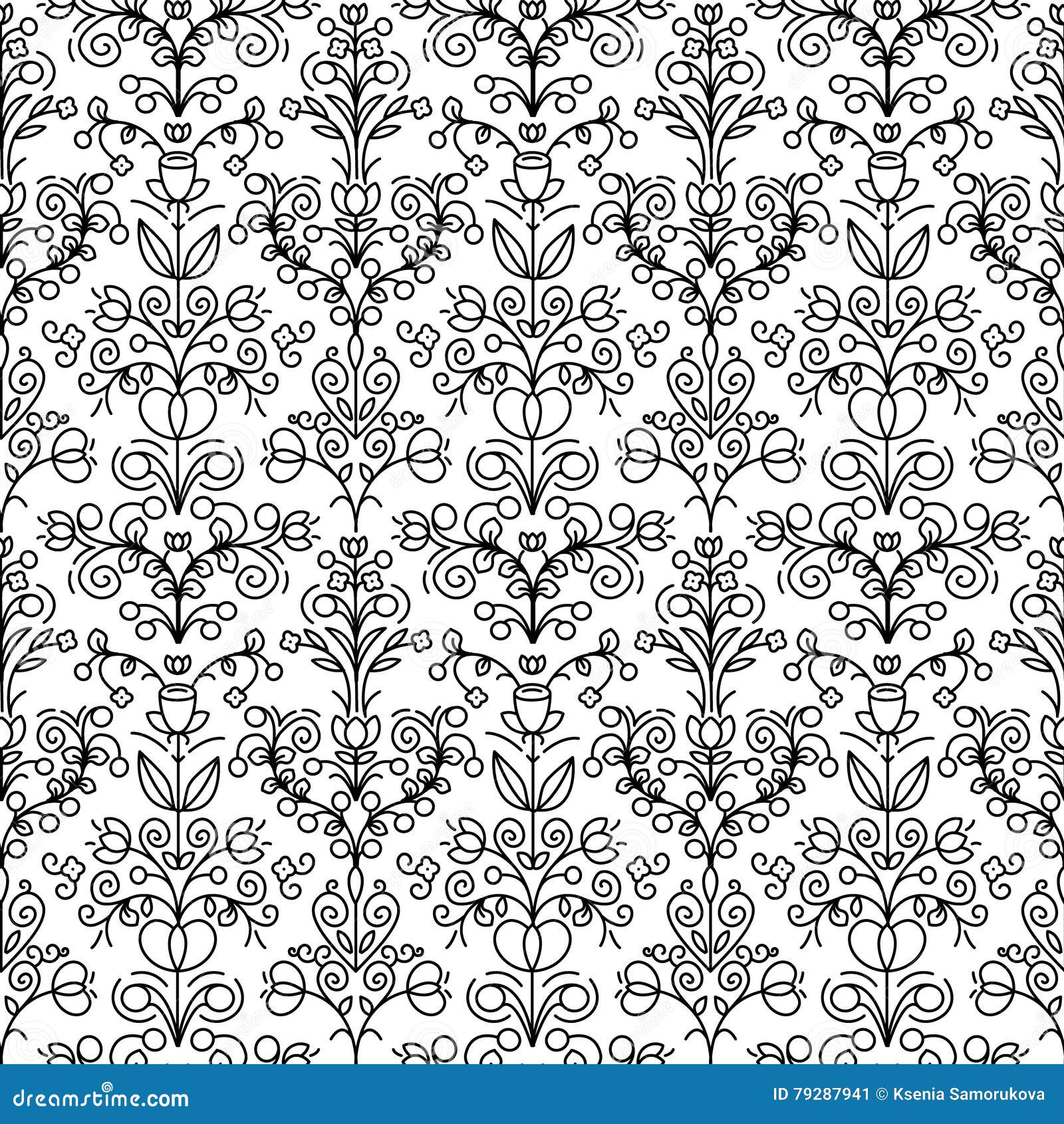 Seamless Floral Linear Pattern. Black and White Background Stock Vector ...