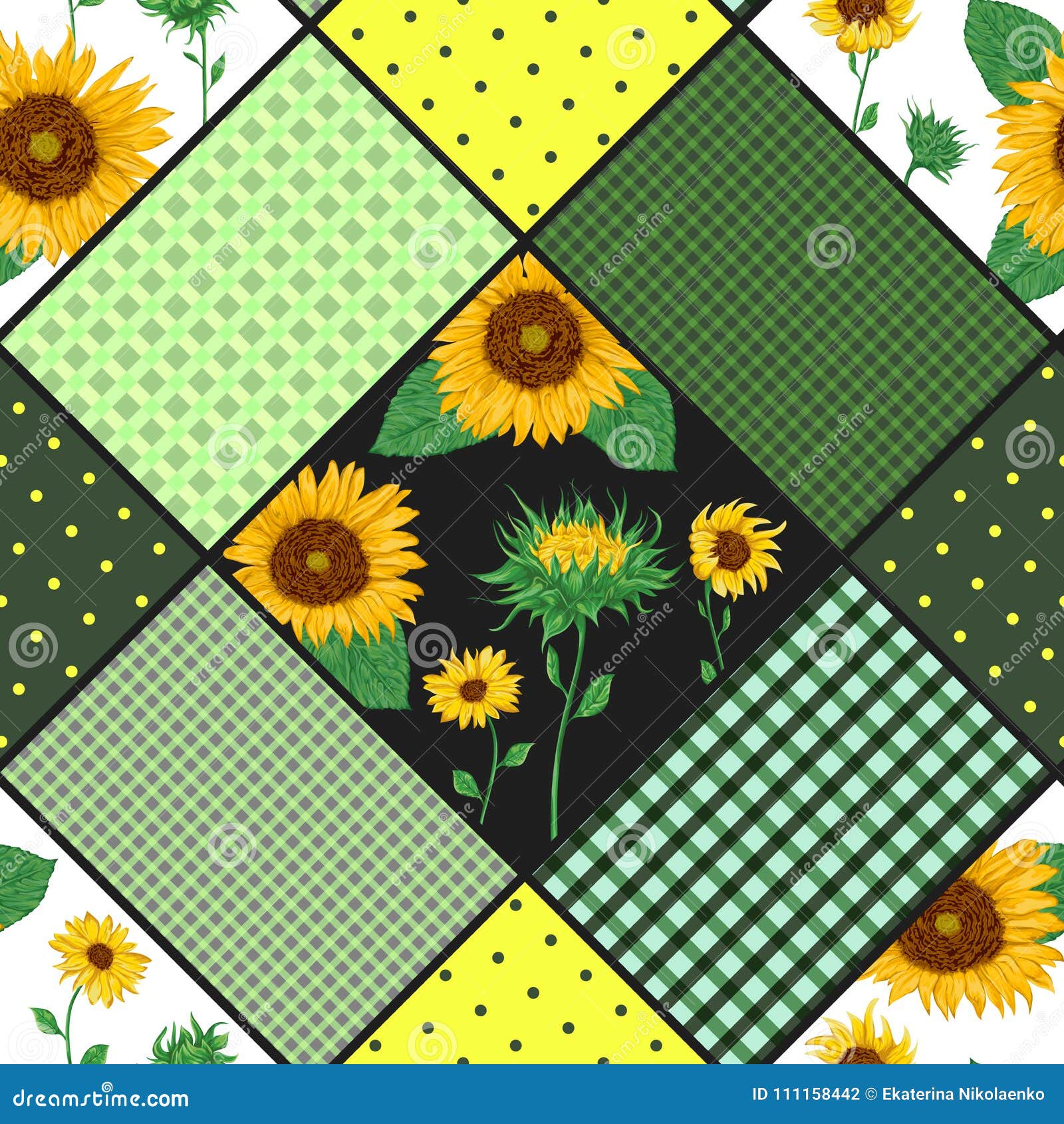 Seamless Floral Patchwork Pattern with Sunflowers. Stock Vector - Illustration of autumn ...