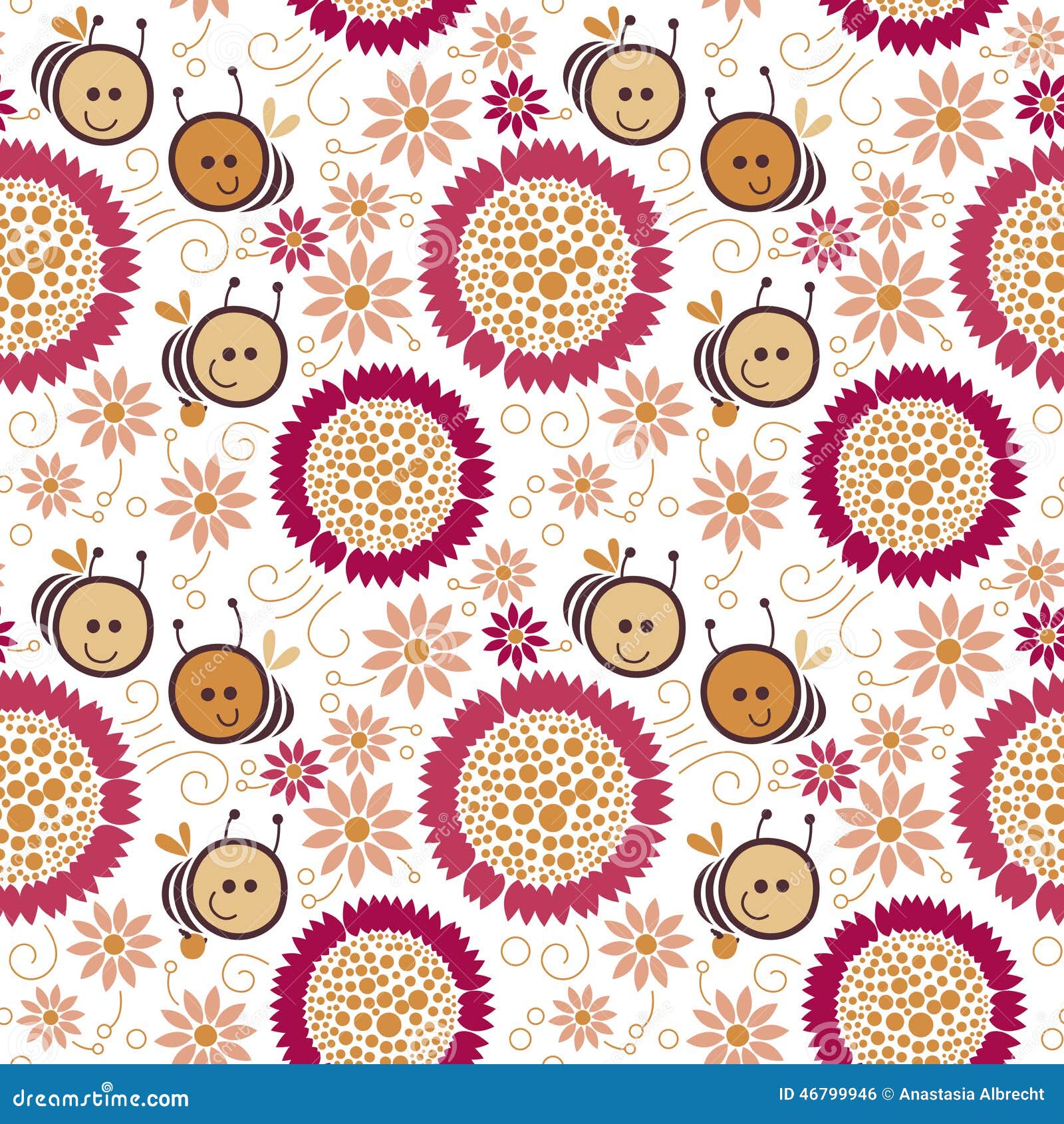 Seamless Floral Pattern, Bee Stock Vector - Illustration of flower ...