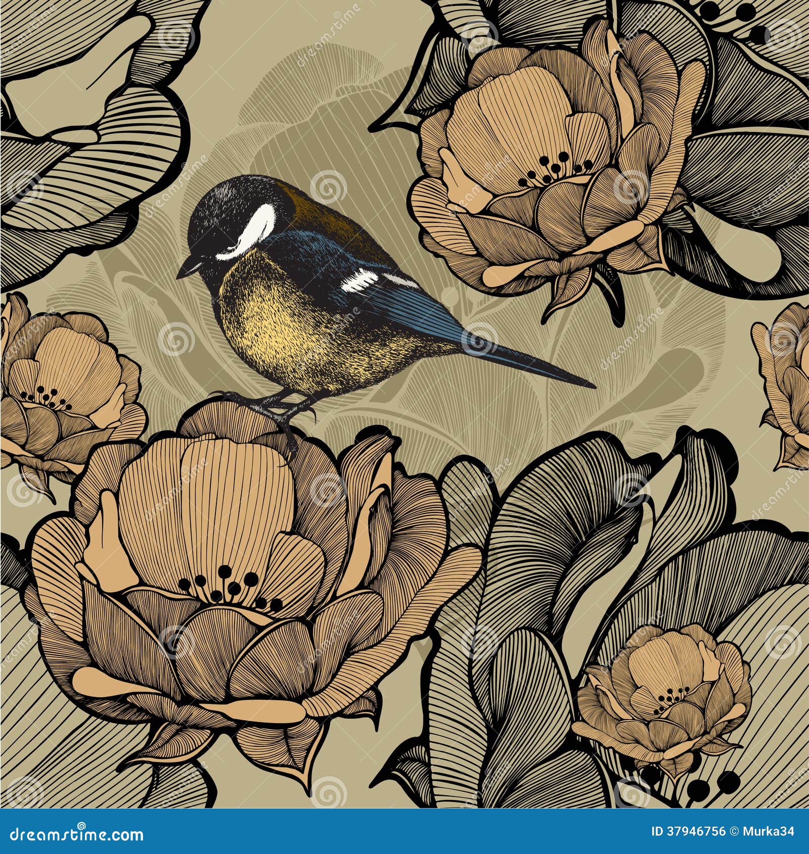 Seamless Floral Pattern with Bird Titmouse. Vector Illustration. Stock ...